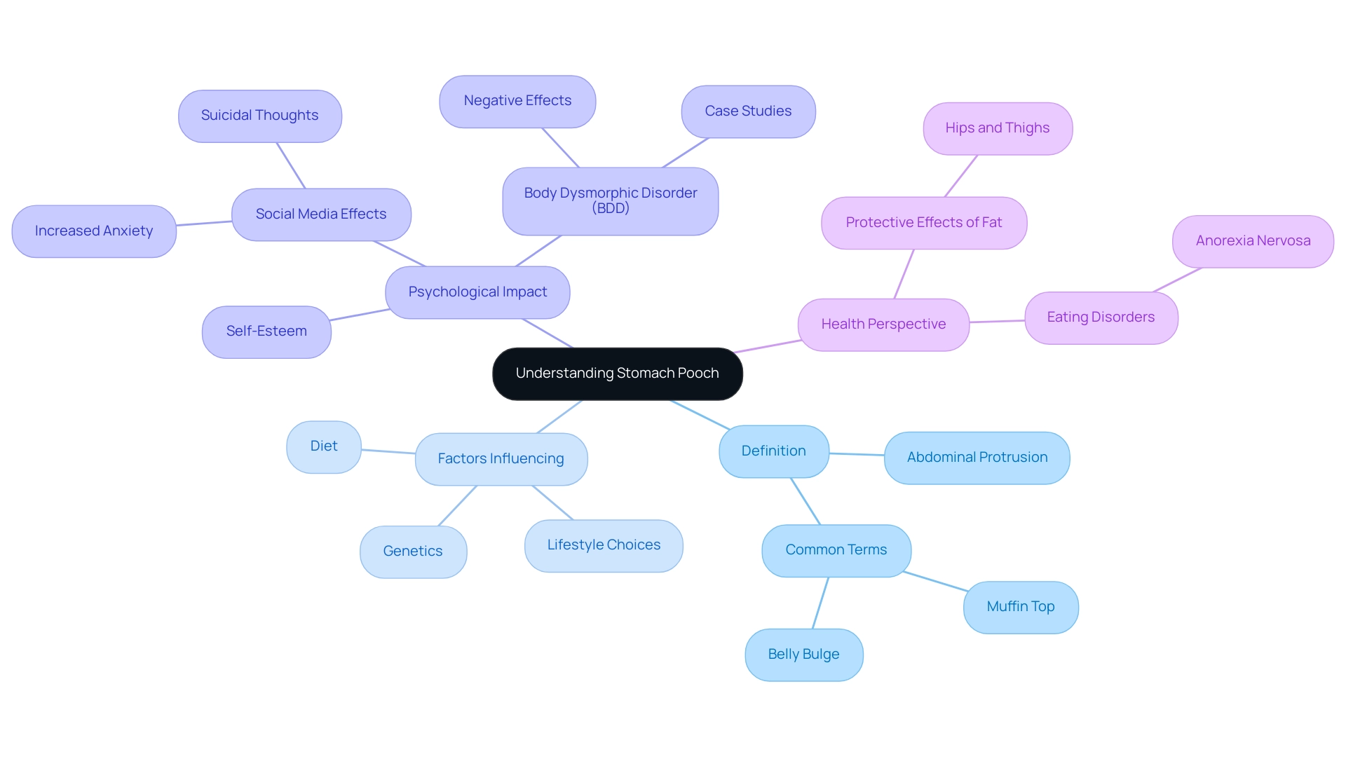 The central node represents the concept of stomach pooch, with branches showing definitions, influencing factors, psychological impacts, and health perspectives.