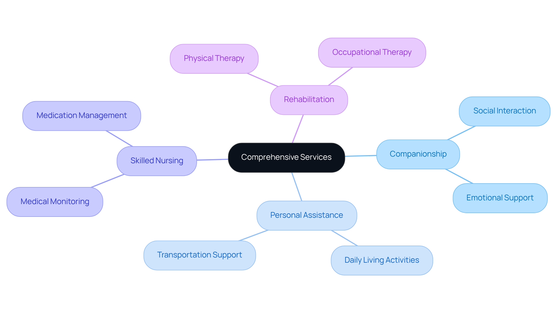 The central node represents the overall theme of comprehensive care, while each branch shows specific types of services offered. The colors help differentiate the service categories, making it easy to understand their relationships.