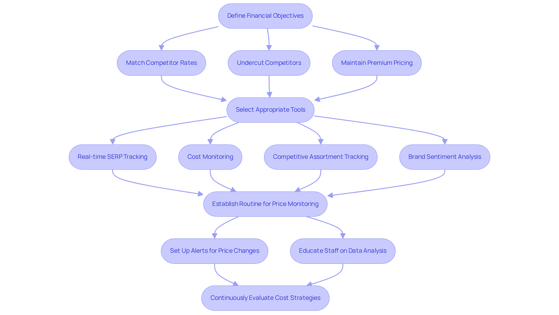 Follow the arrows to see the steps companies should take for effective price monitoring. Each box represents a key action, starting from defining objectives to continuously evaluating strategies.