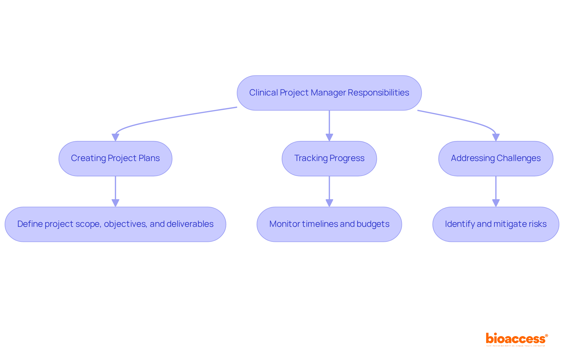 Follow the flow from the central role to see the key responsibilities — each step shows what a Project Manager does to ensure clinical studies run smoothly.