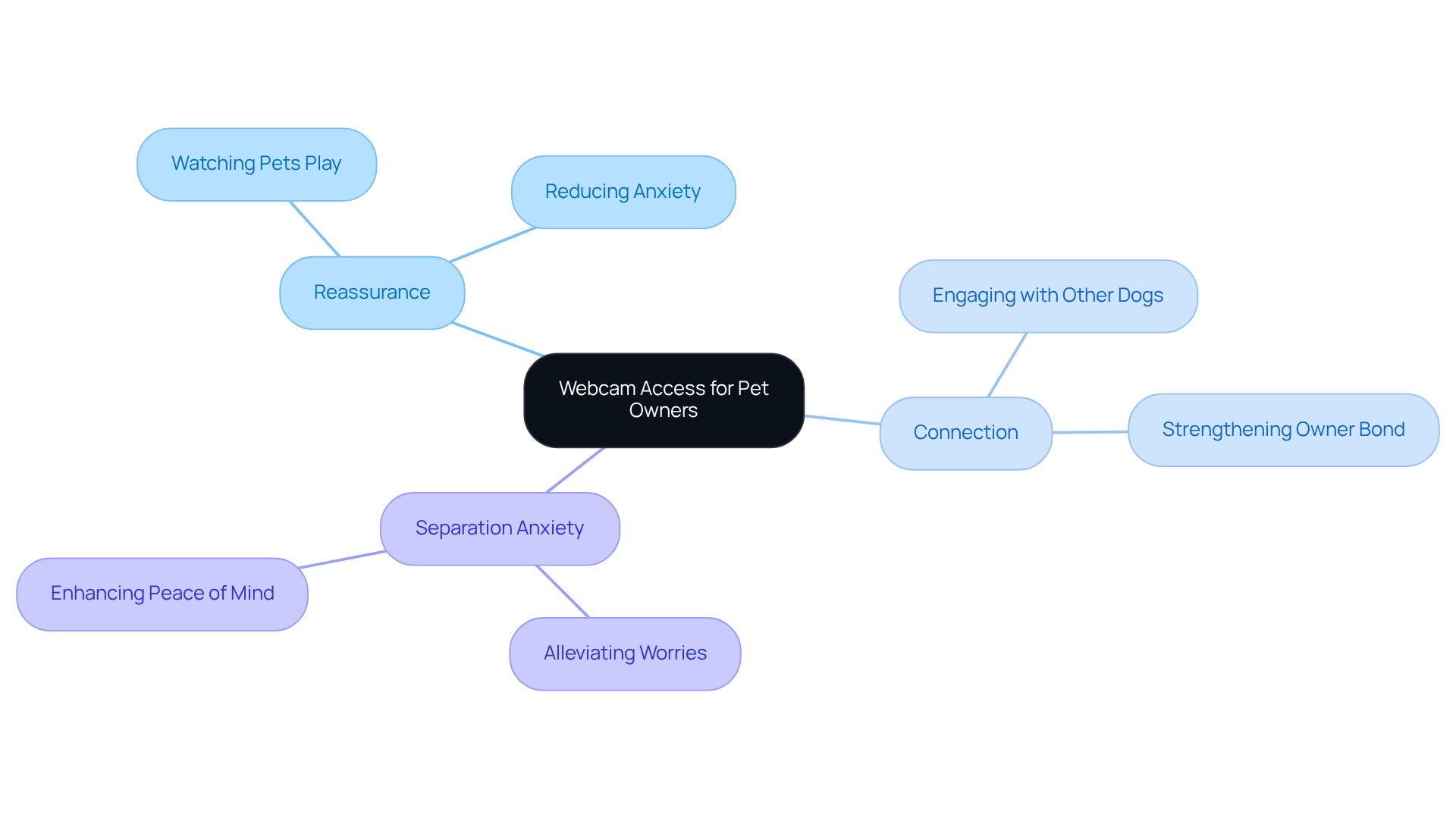 This mindmap shows the main benefits of webcam access at Adventure Den. Each branch highlights how the service helps owners feel connected and reassured about their pets' well-being.
