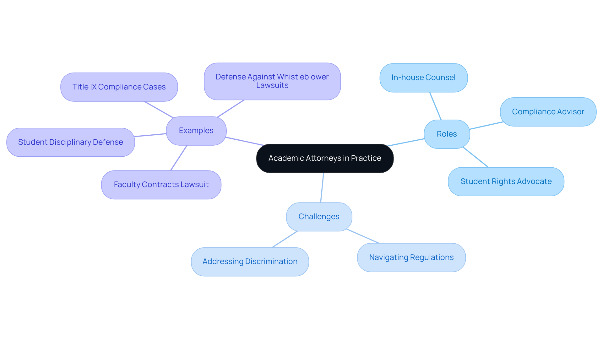 The central node represents academic attorneys, with branches showing their various roles and challenges. Each example illustrates how they apply their expertise in real situations, helping to create a fair educational environment.