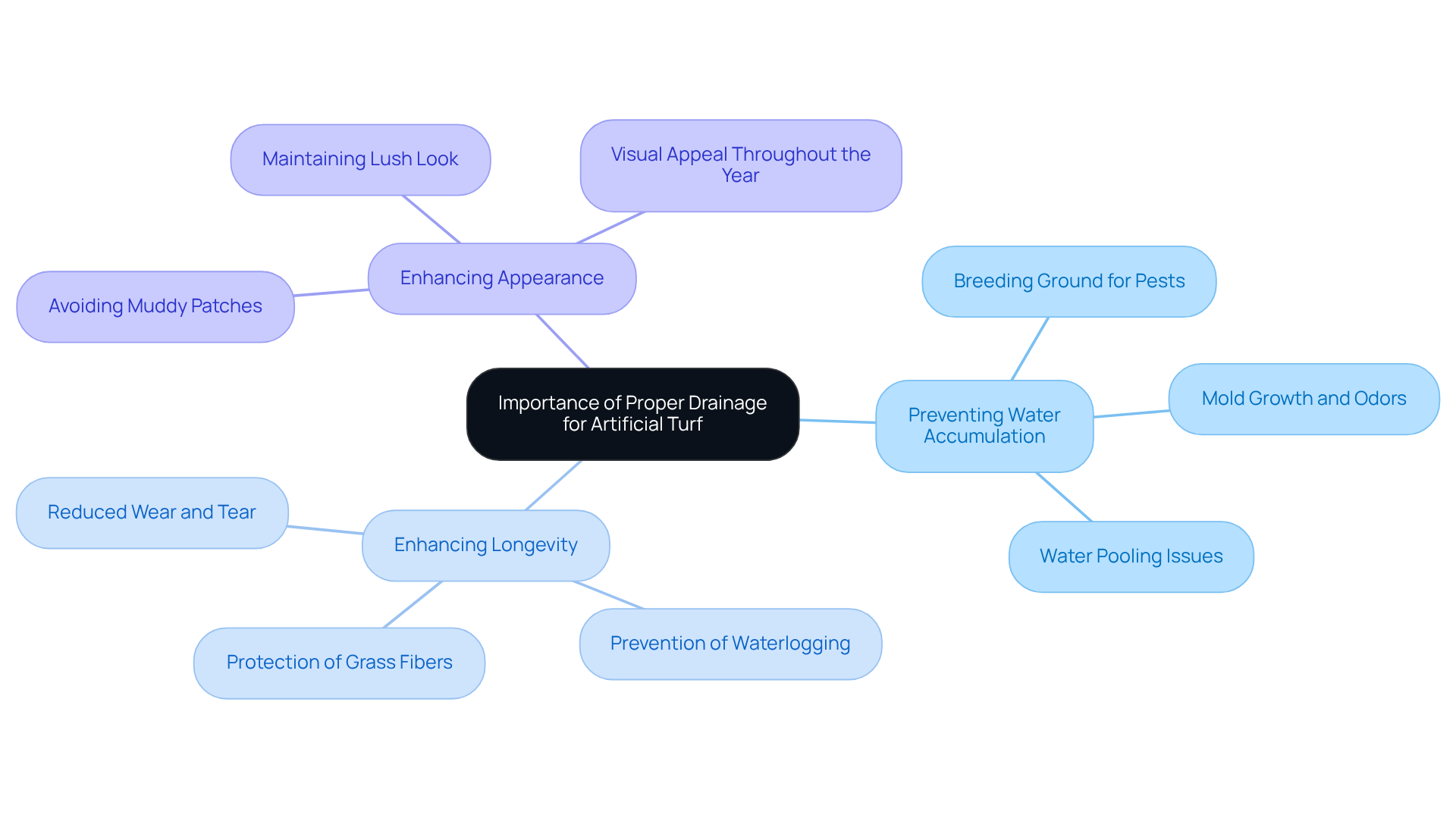 The central node represents the main topic, while the branches show key reasons for proper drainage. Each sub-branch provides additional details, helping you understand why drainage matters for your synthetic grass.