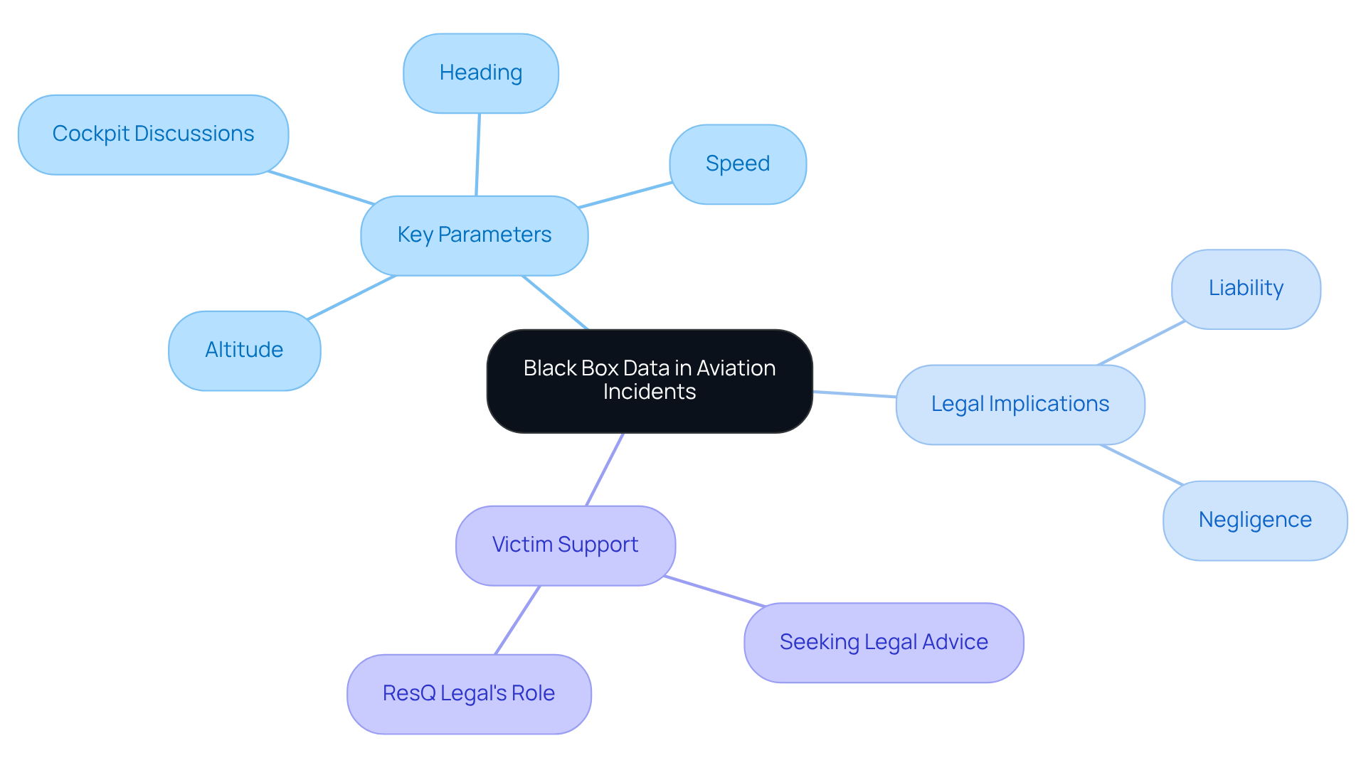 The central node represents the main topic, while branches show related aspects like important data parameters and how they help victims in legal cases. Each color-coded branch helps you see how everything connects.
