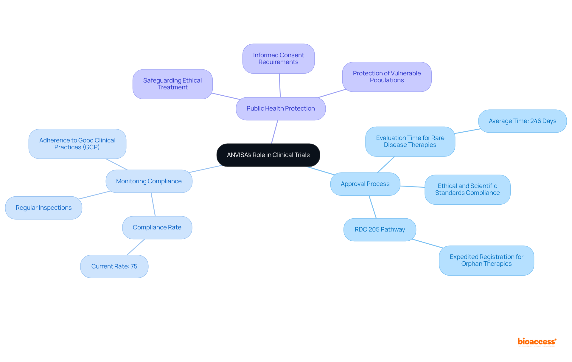The central node represents ANVISA, and each branch shows a key aspect of its role. Follow the branches to explore how each responsibility contributes to clinical trials and public health.