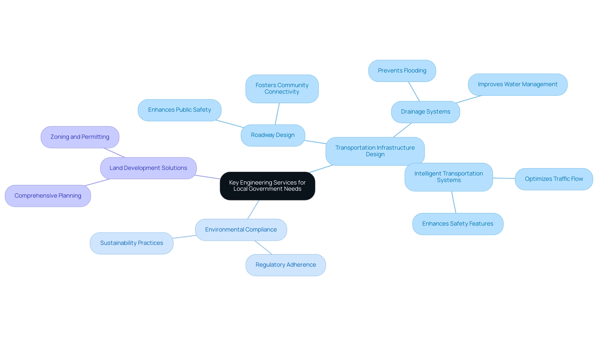 The central node represents the overall topic, with branches showing the main service areas and their respective subcategories that contribute to local government needs.