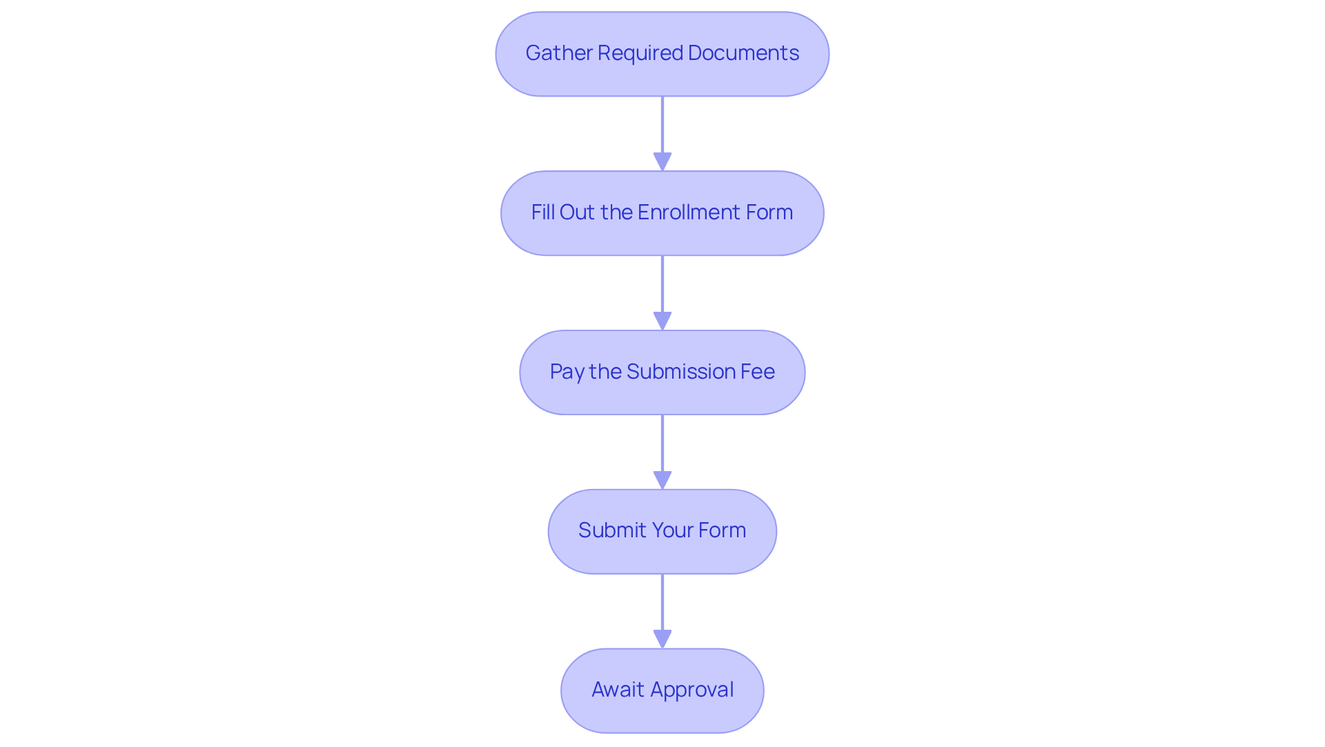 Each box shows a step you need to take; follow the arrows to navigate through the application process. Make sure to complete each step to move on to the next one!