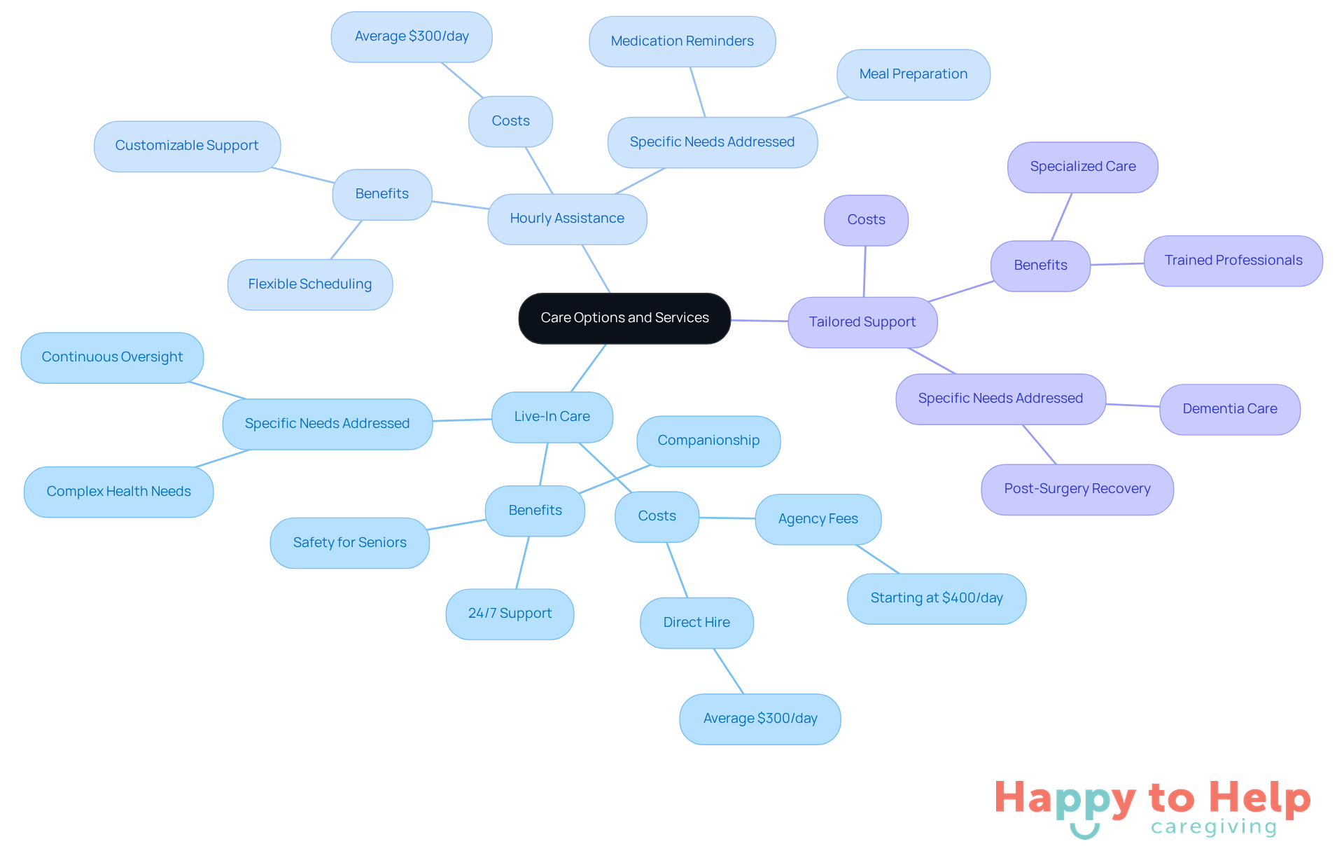 The central node represents the main topic of care options. Each branch shows a different type of care, with sub-branches providing details about costs, benefits, and specific considerations. This layout helps you see all your options at a glance.