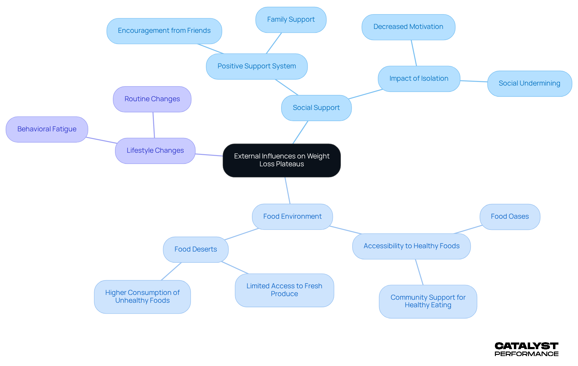 The central node represents the main topic, while the branches show different factors that can affect weight loss. Each color-coded branch helps you understand how these influences are interconnected and their importance in your health journey.