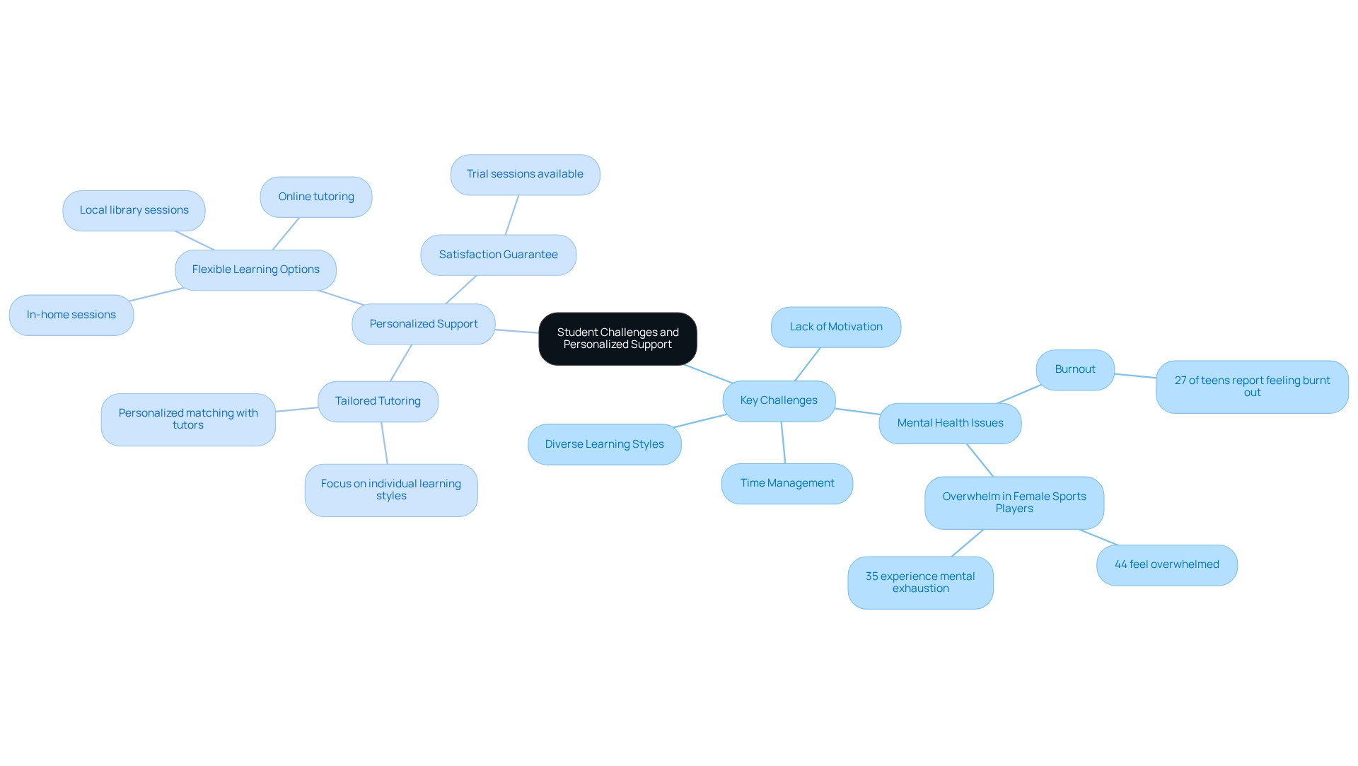 This mindmap highlights the various challenges students face and the personalized support available. Each branch represents a different area of concern or solution, providing a visual guide to understanding how these elements interconnect.
