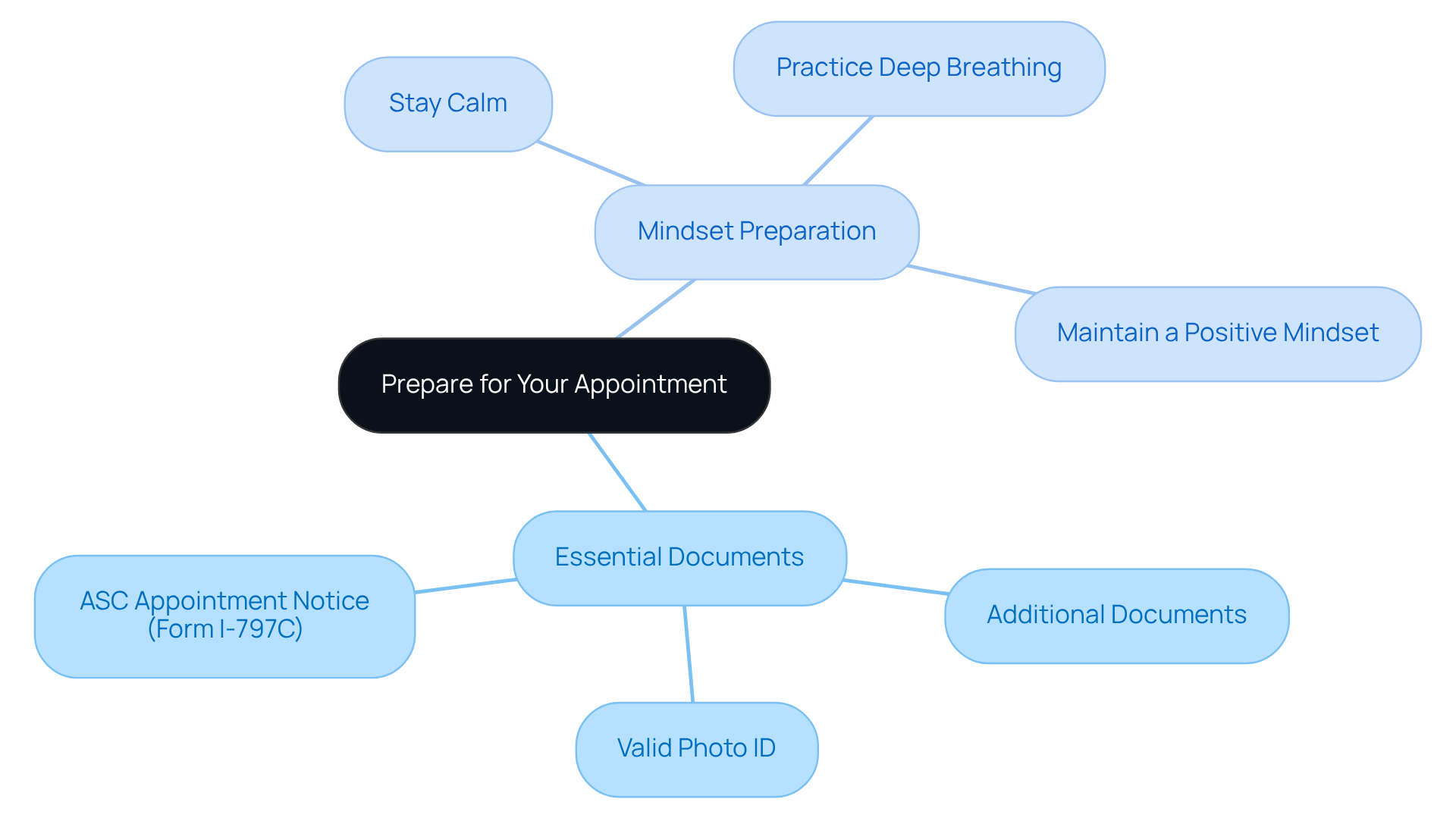 This mindmap helps you visualize what you need to prepare for your appointment. The central idea is your preparation, with branches showing the essential documents you need to bring and tips for maintaining a positive mindset. Follow the branches to see all the details!