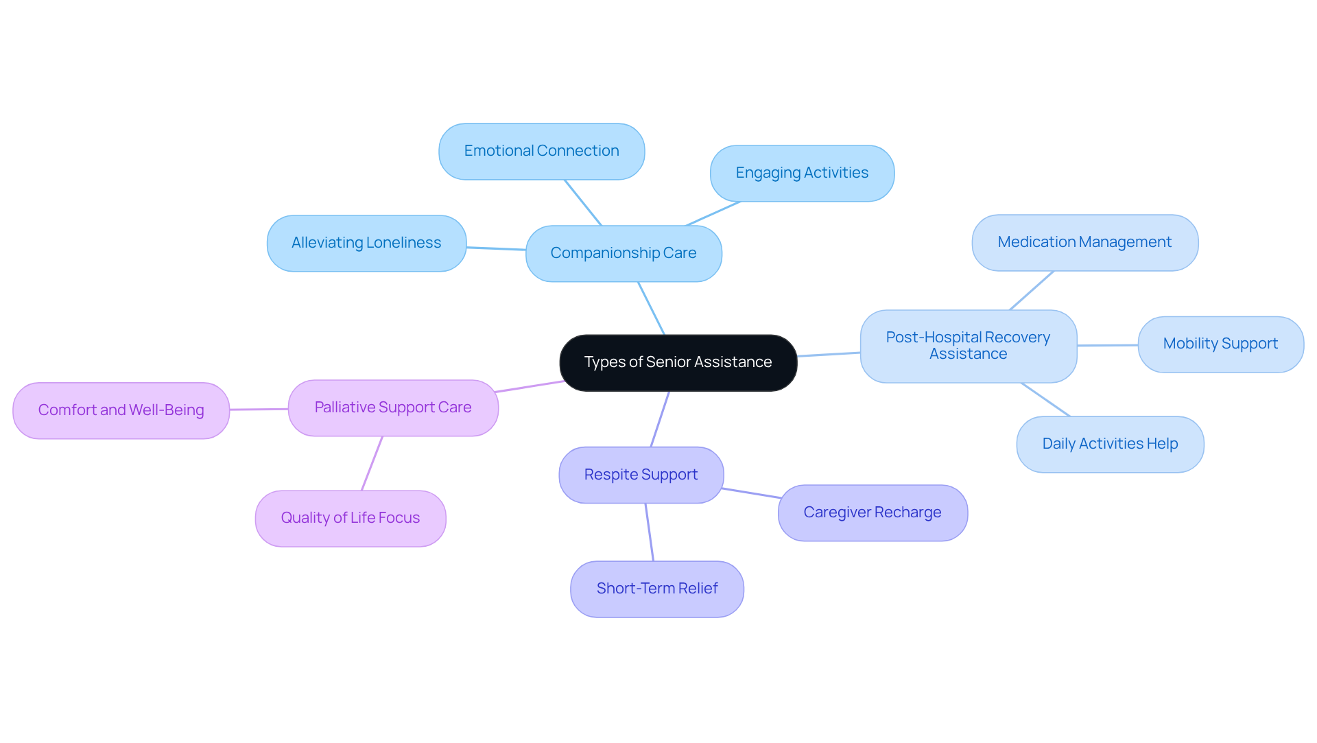 The central node represents the overall theme of senior assistance, while each branch shows a specific type of support available. The descriptions help clarify what each type entails, making it easier for caregivers to identify the right assistance for their loved ones.