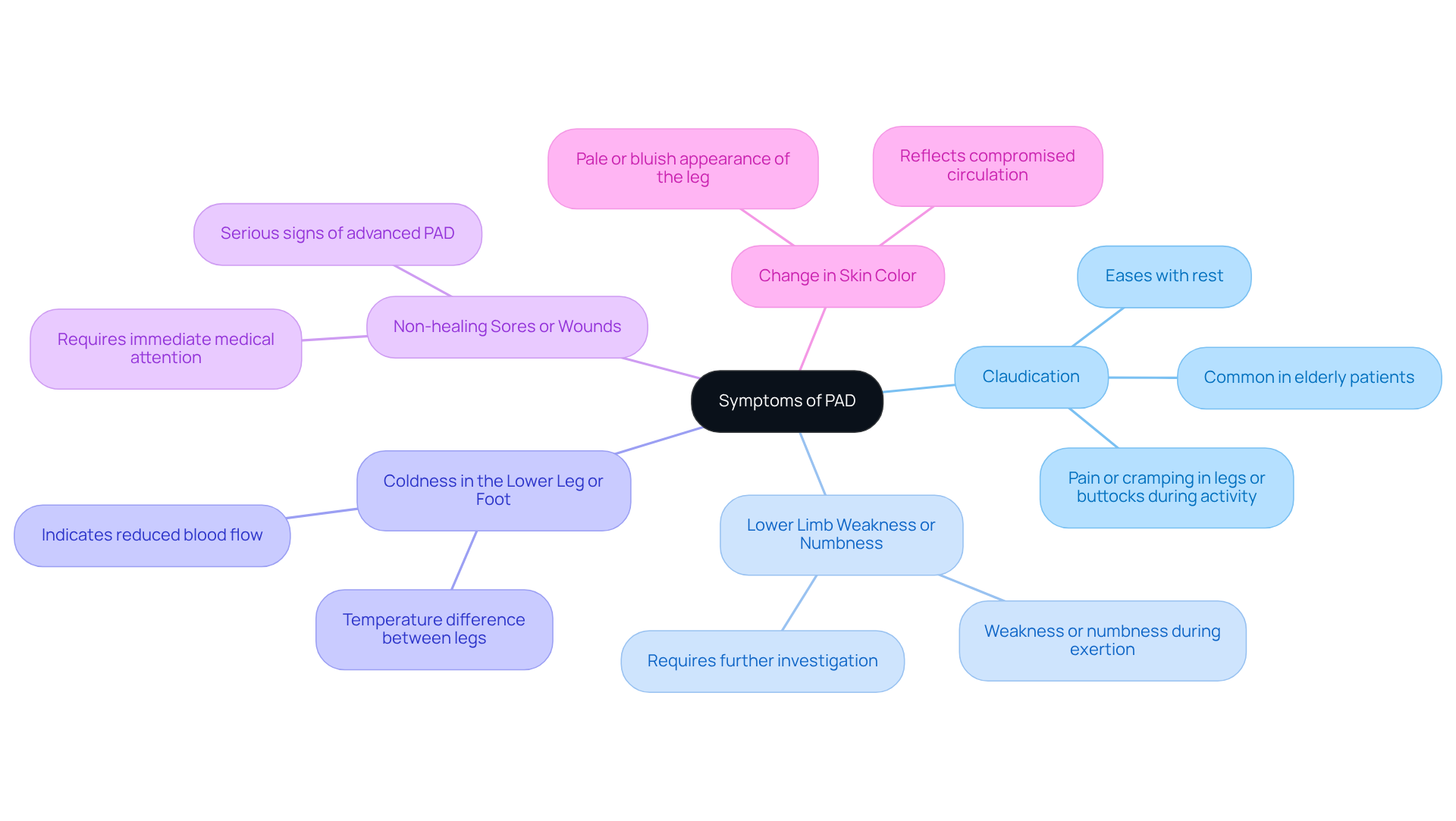 The central node represents the main topic, while each branch shows a specific symptom of PAD. The descriptions help you understand what to look for, making it easier to recognize these signs and seek help.