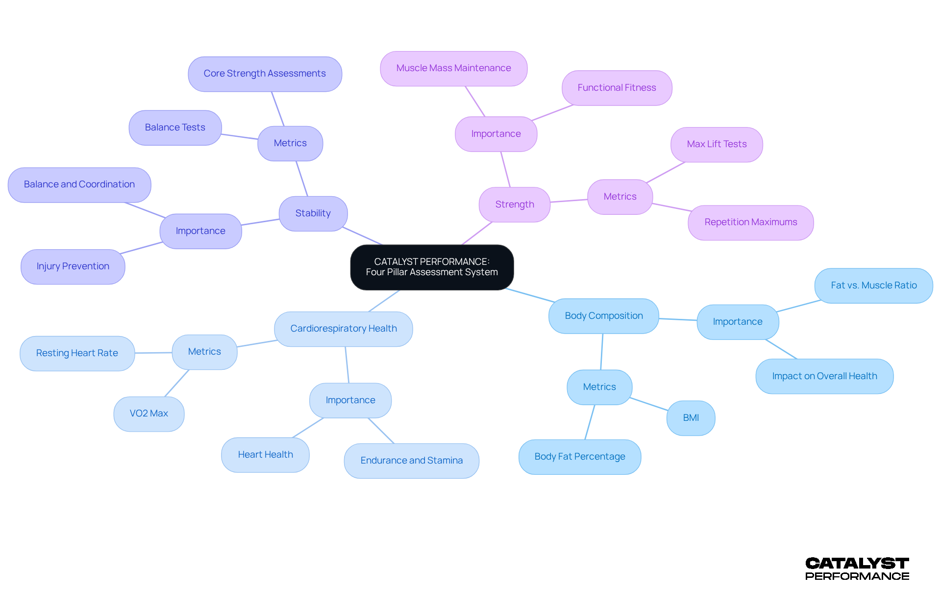 The center represents the overall assessment system, while the branches show the key areas evaluated. Each pillar is crucial for understanding your health and fitness journey.