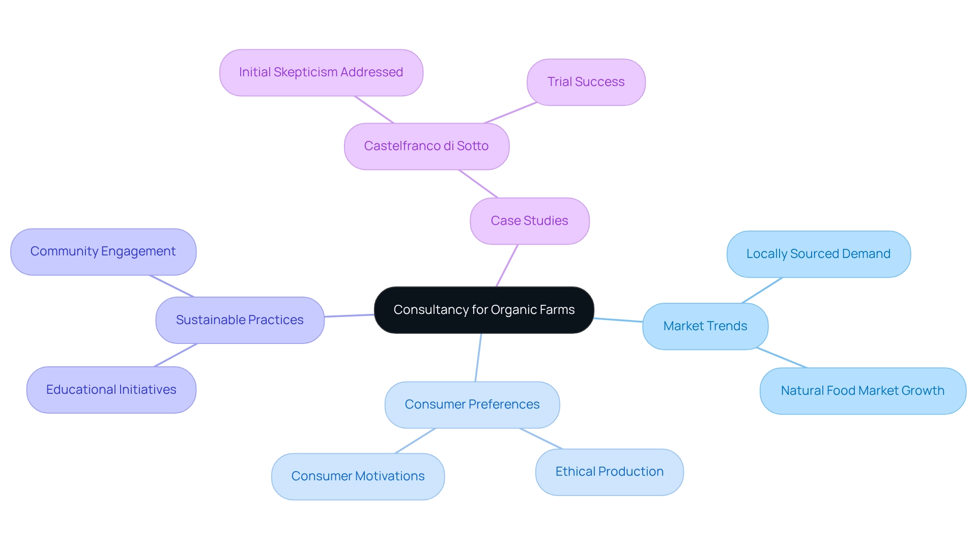 The center represents the consultancy focus, with branches showing how it impacts various aspects of organic farming, from market insights to real-life case studies illustrating success.