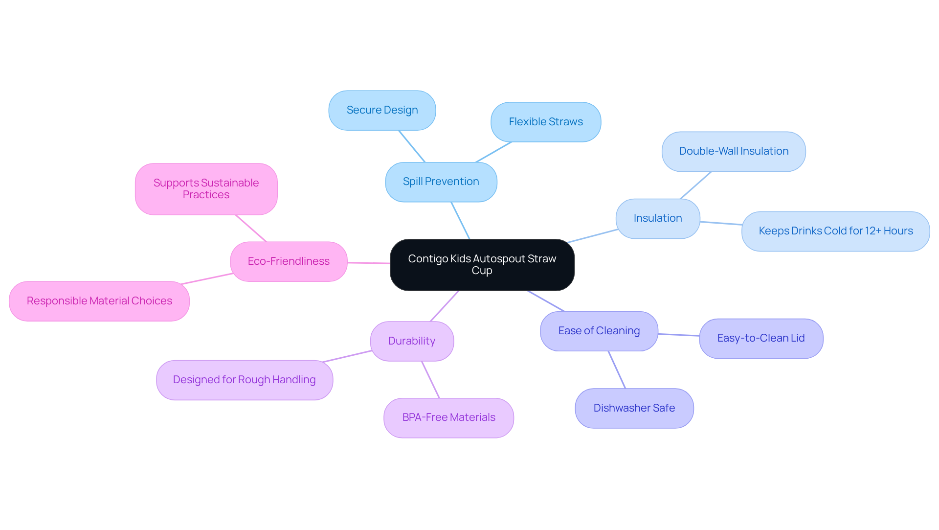 This mindmap shows the main features of the tumbler. Start at the center with the product name, then follow the branches to see how each feature contributes to making it a great choice for parents and kids.