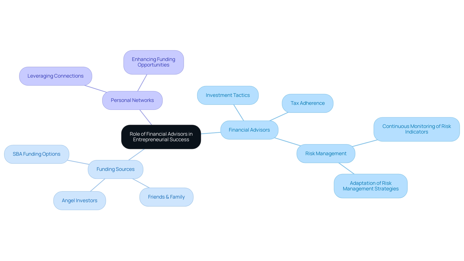 Main branches represent key categories: Financial Advisors, Funding Sources, and Personal Networks. Sub-branches detail specific elements and services within these categories.