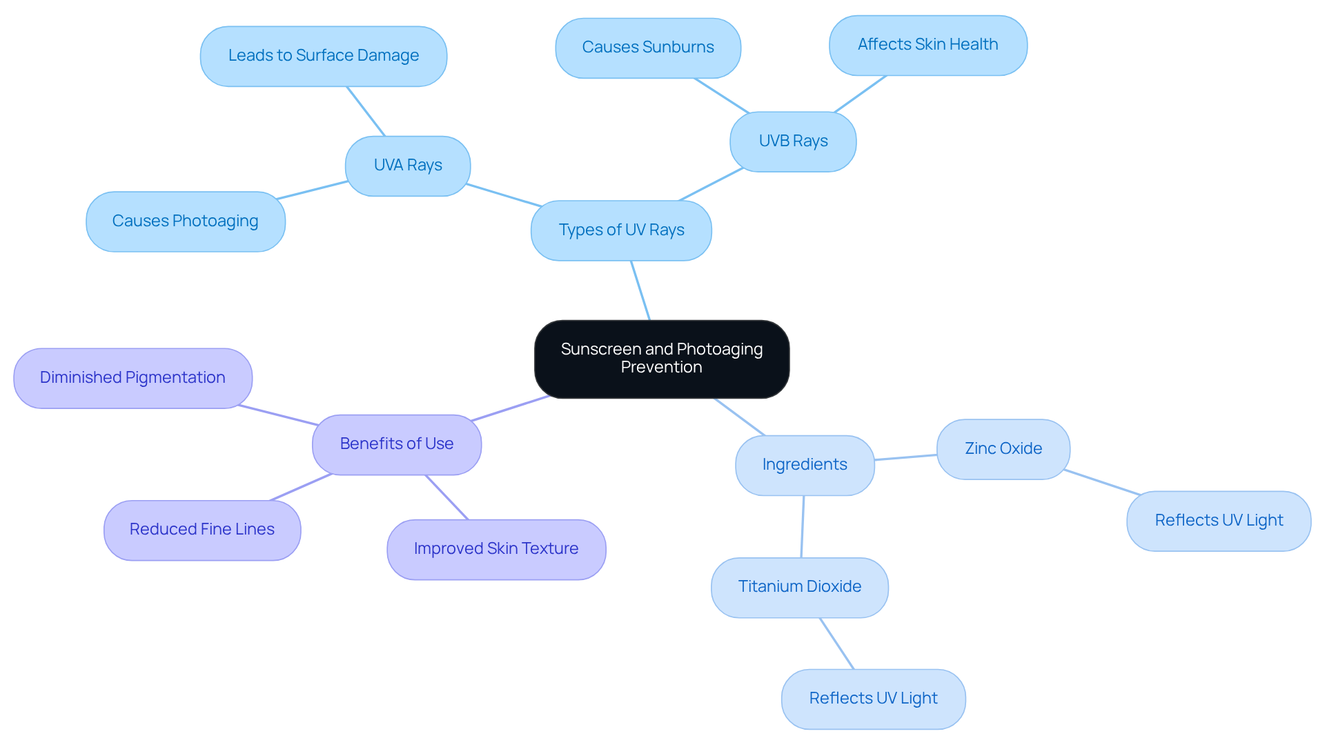 The center represents the main topic of sunscreen and photoaging. Each branch shows different aspects: the types of UV rays that affect your skin, the ingredients in sunscreen that protect you, and the benefits of regular use. Follow the branches to see how they connect to the main idea. The center represents the main topic of sunscreen and photoaging. Each branch shows different aspects: the types of UV rays that affect your skin, the ingredients in sunscreen that protect you, and the benefits of regular use. Follow the branches to see how they connect to the main idea.