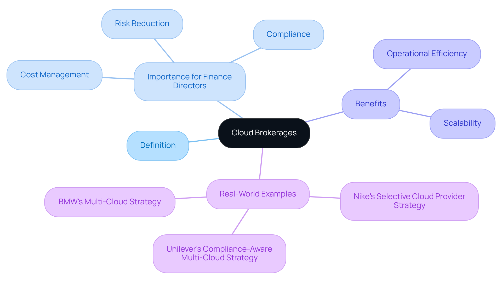 The center represents cloud brokerages, and the branches show how they impact finance directors. Each branch highlights key aspects like importance and benefits, making it easy to see how everything connects.