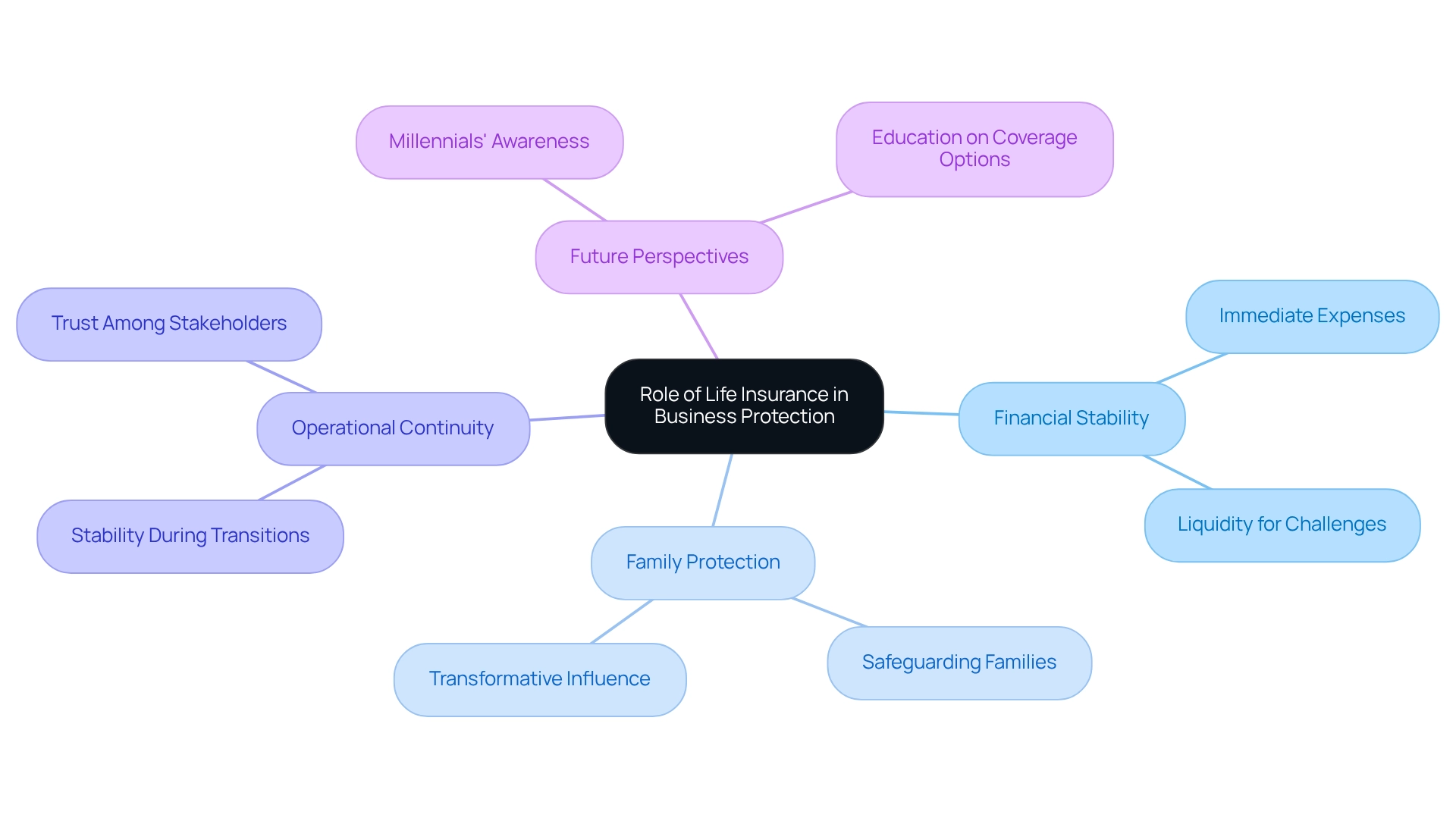 The central node represents the overall theme, with branches indicating key areas of focus such as financial stability, family protection, and operational continuity.