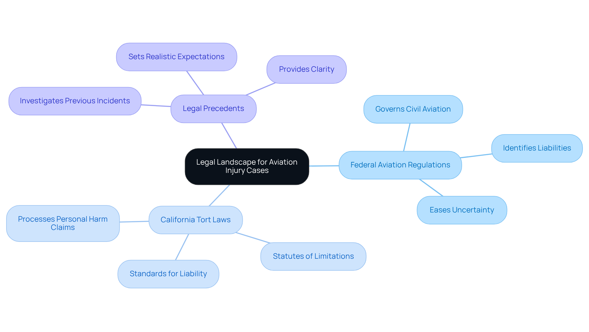 The central node represents the overall topic, while the branches show the key areas of aviation law you need to understand. Each sub-branch provides more detail about those areas, helping you see how they connect and what you need to know. The central node represents the overall topic, while the branches show the key areas of aviation law you need to understand. Each sub-branch provides more detail about those areas, helping you see how they connect and what you need to know.