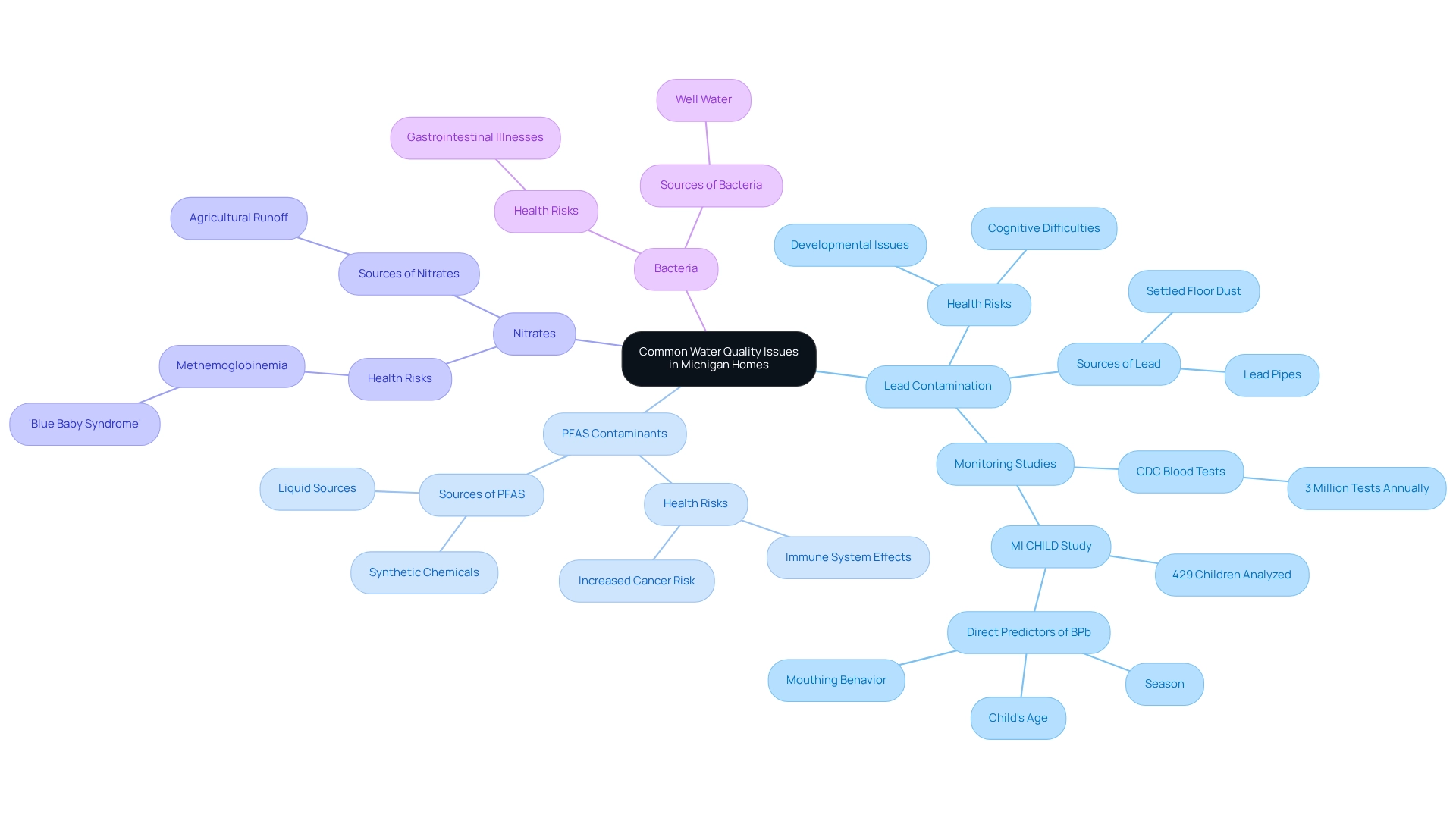 Each branch represents a specific water quality issue, with colors indicating the category: Blue for Lead, Green for PFAS, Yellow for Nitrates, and Red for Bacteria. Each branch represents a specific water quality issue, with colors indicating the category: Blue for Lead, Green for PFAS, Yellow for Nitrates, and Red for Bacteria.