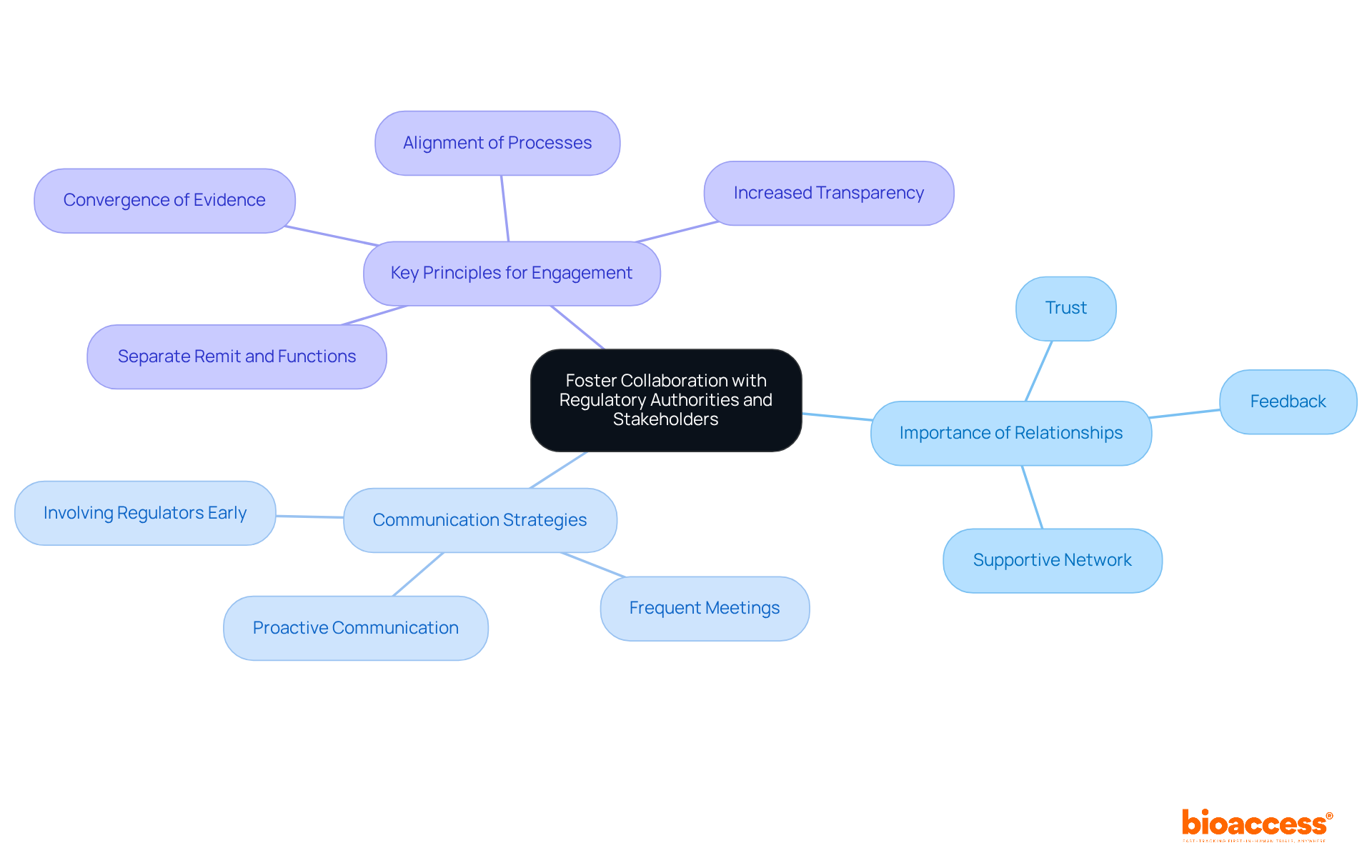 The central idea is about fostering collaboration. Each branch represents a key area of focus, with sub-branches detailing specific actions or concepts that support the main idea. Follow the branches to understand how each aspect contributes to effective stakeholder engagement.