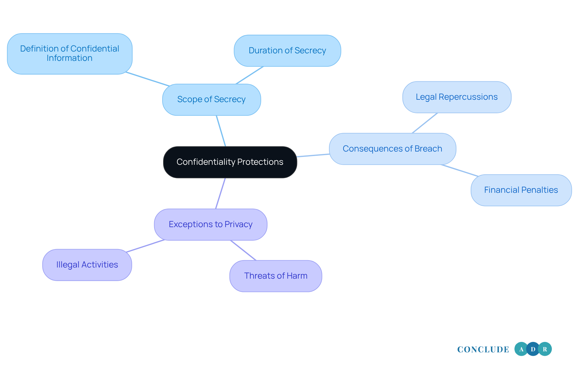 The center represents the main idea of confidentiality protections, while the branches show the key elements that contribute to it. Each branch can be explored for more details, helping you understand how legal agreements can safeguard privacy.