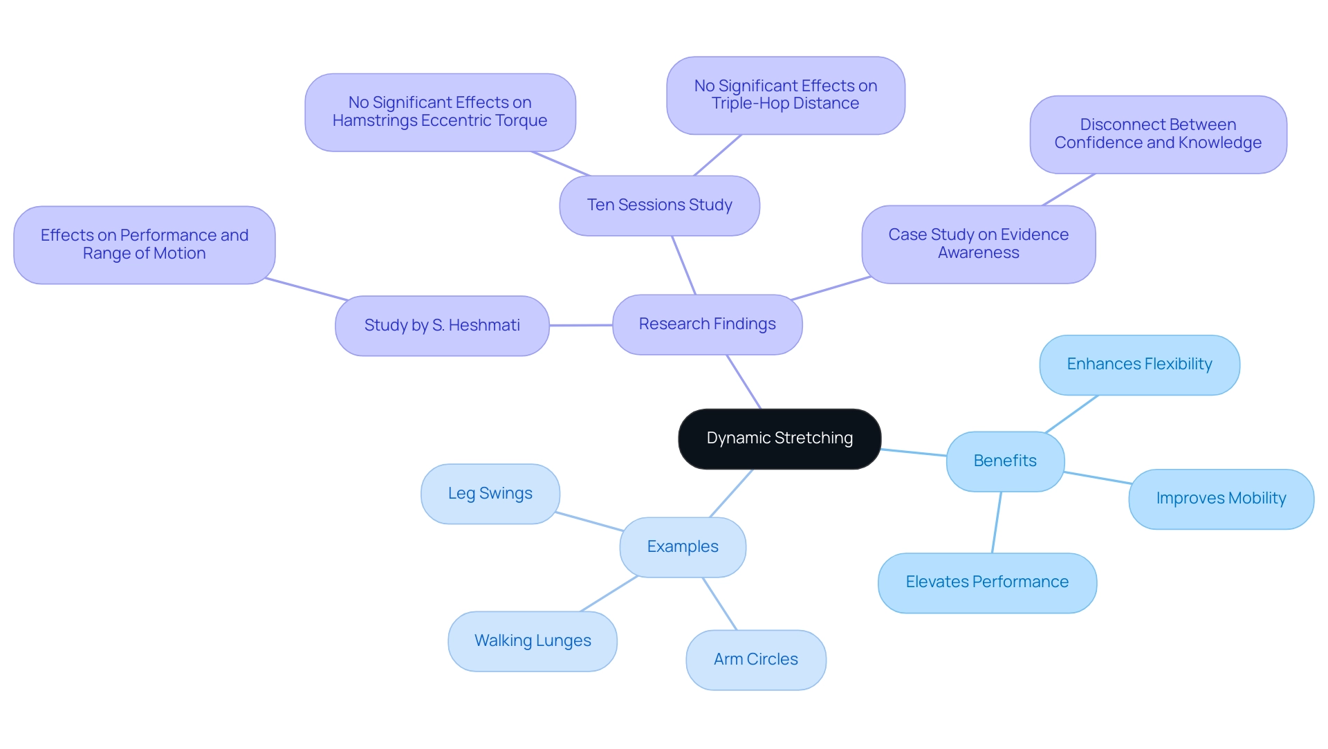 The central node represents dynamic stretching, with branches showing benefits, examples of exercises, and relevant research findings, each color-coded for clarity.