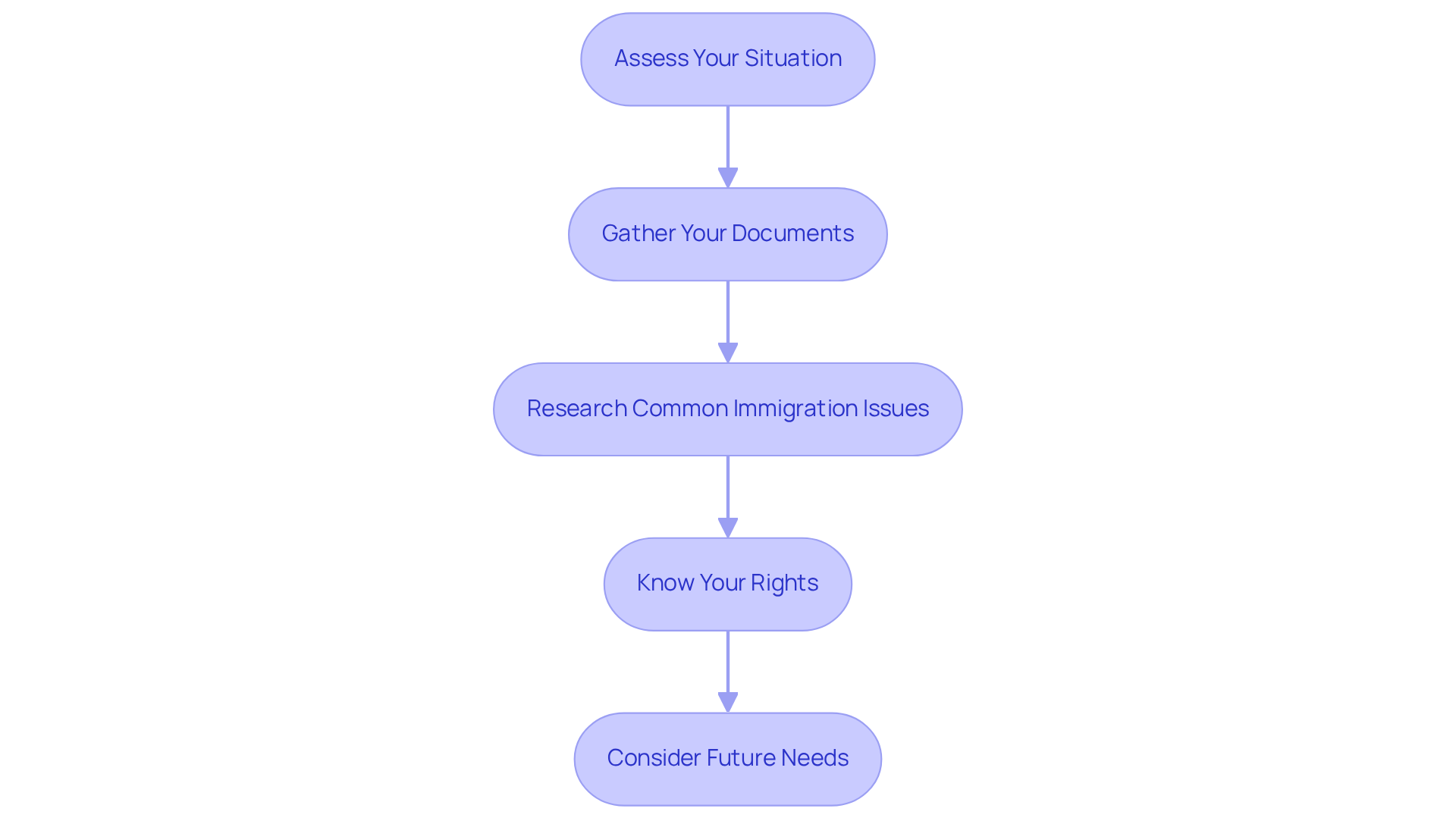 Each box represents a step you should take to understand your immigration needs better. Follow the arrows to see how each step leads to the next, guiding you through the process.