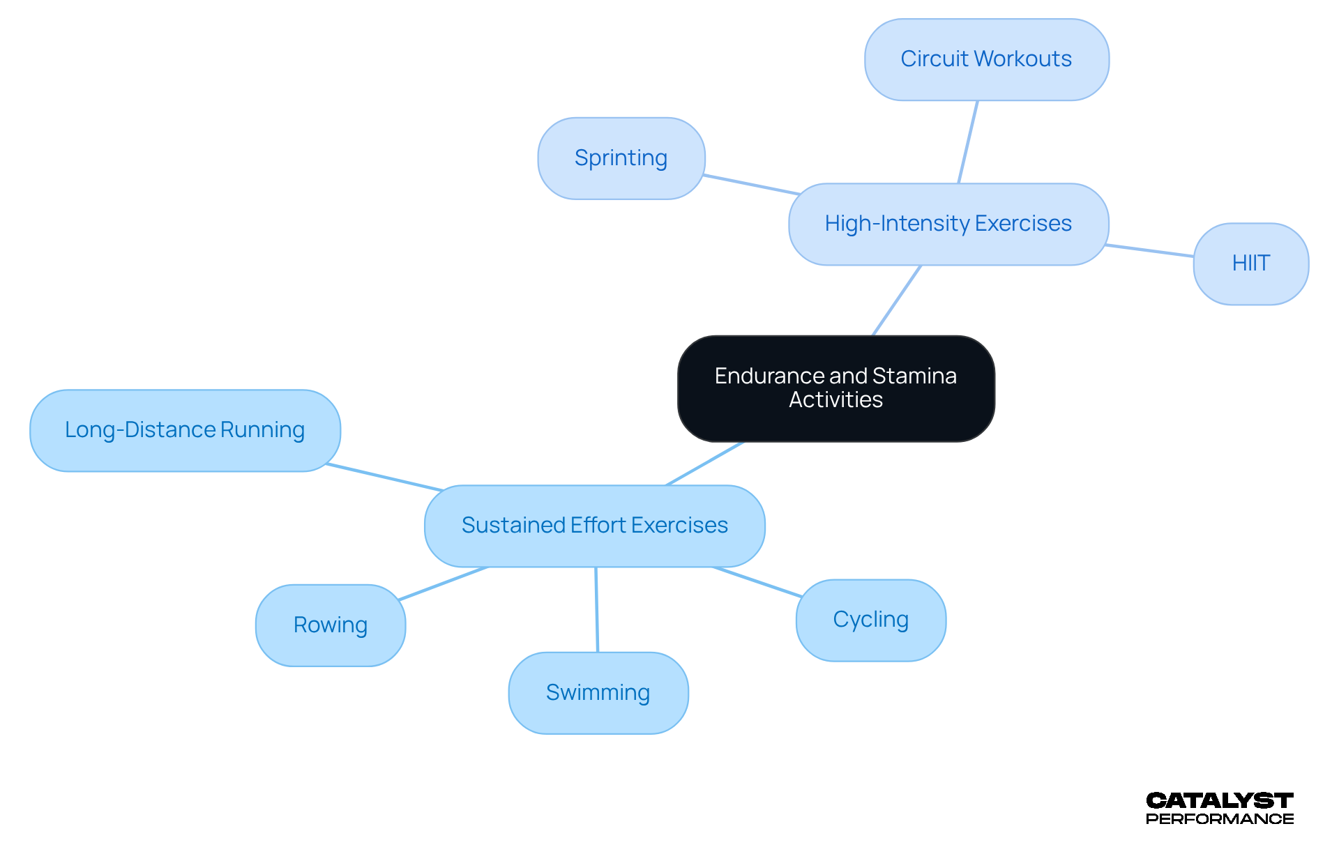 The central node represents the main topic, while the branches show different types of activities. Each color-coded branch helps you see how these exercises fit into the broader categories of stamina training.