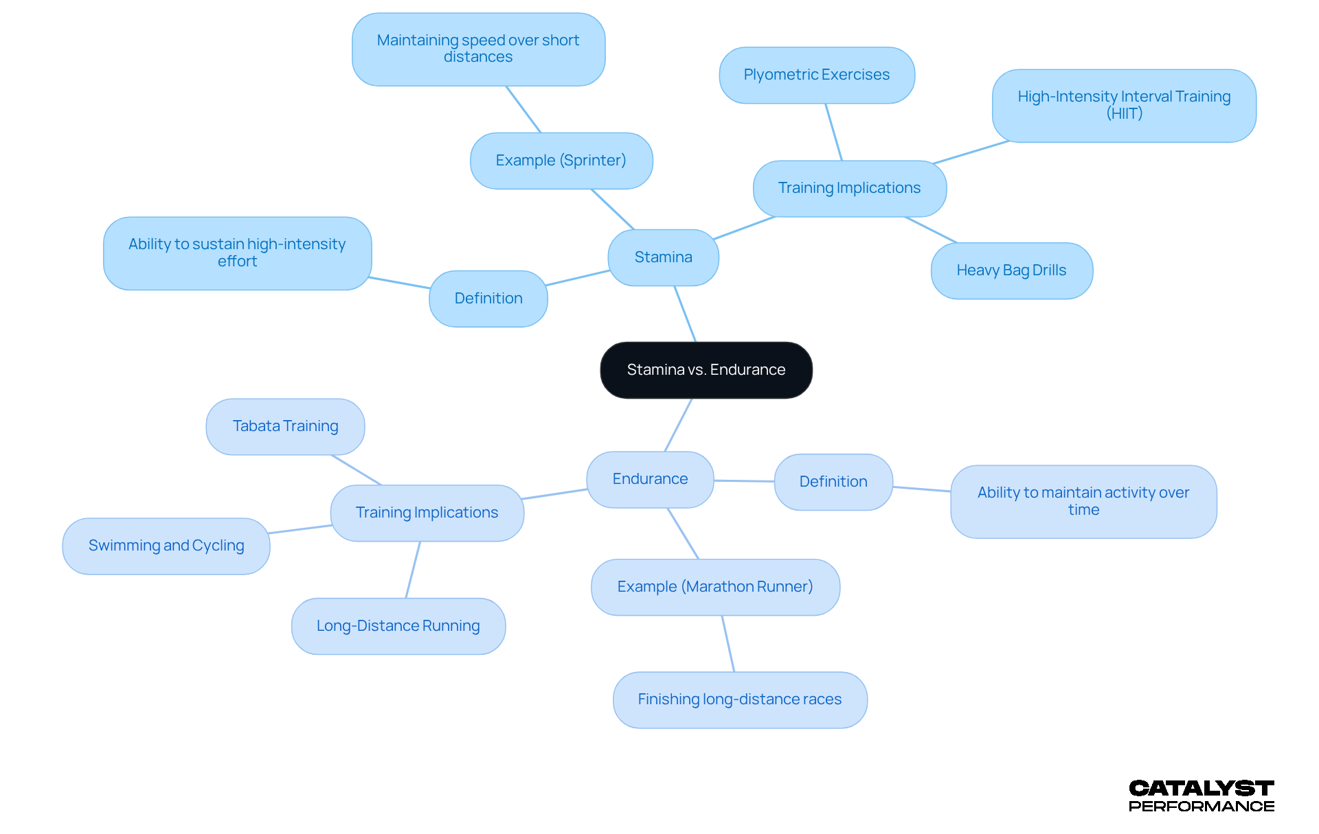 The central node represents the main topic, while the branches show the key differences and examples for stamina and endurance. Each color-coded section helps you see how these concepts relate to fitness training. The central node represents the main topic, while the branches show the key differences and examples for stamina and endurance. Each color-coded section helps you see how these concepts relate to fitness training.