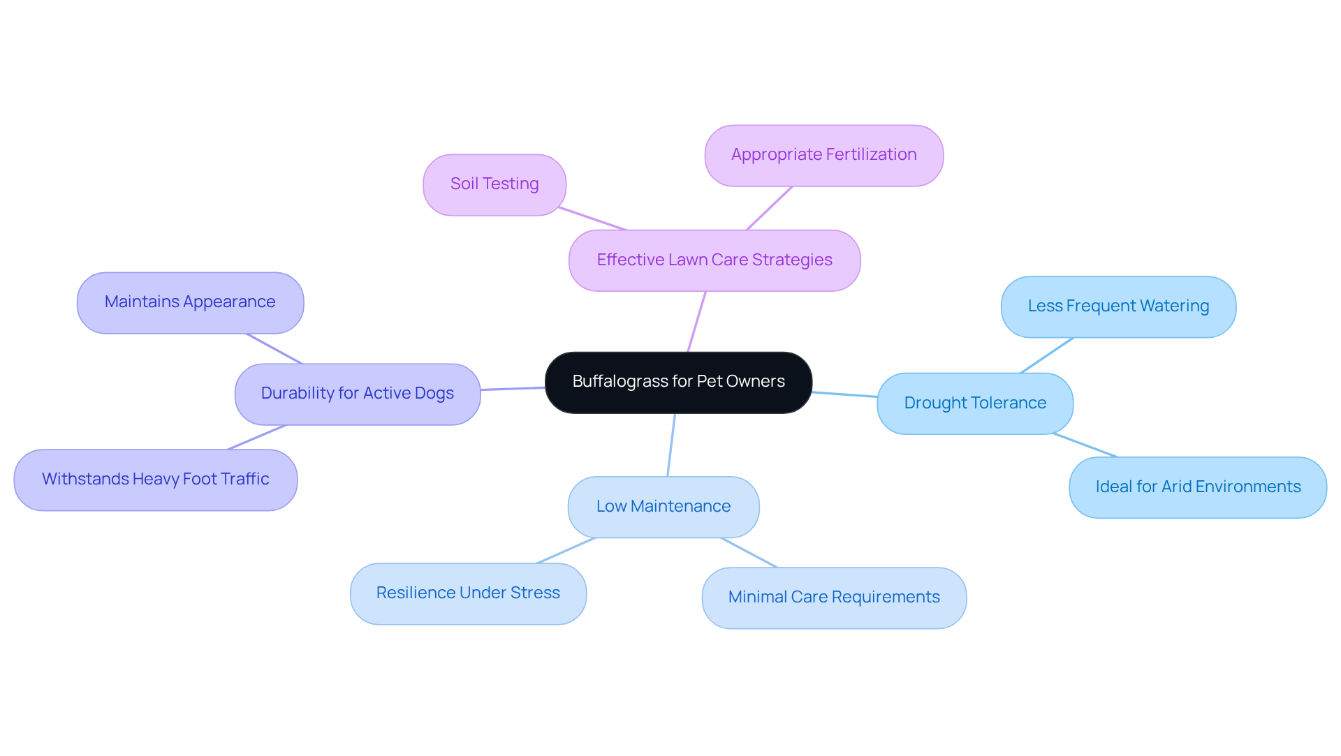 The central node represents Buffalograss, while the branches show its key benefits and care strategies. Each color-coded branch helps you quickly identify different aspects of why Buffalograss is a great choice for pet-friendly yards. The central node represents Buffalograss, while the branches show its key benefits and care strategies. Each color-coded branch helps you quickly identify different aspects of why Buffalograss is a great choice for pet-friendly yards.