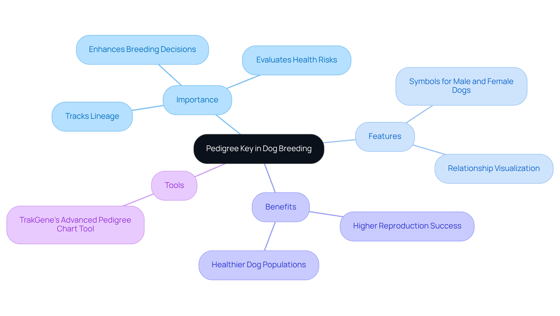 Start at the center with the pedigree key concept, then follow the branches to explore its importance, features, benefits, and tools that support responsible dog breeding practices.