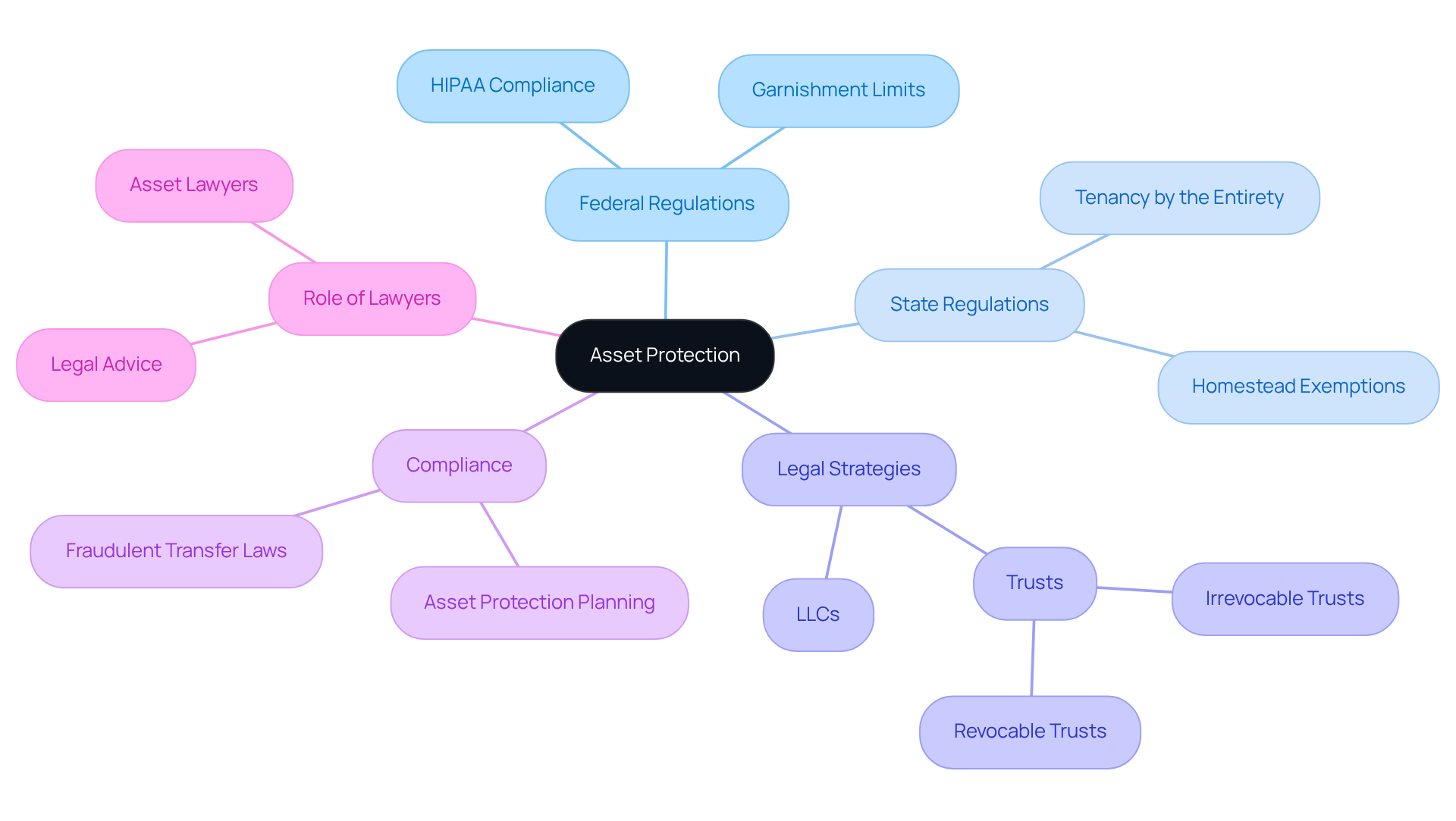 The center represents the main focus on asset protection, with branches showing different aspects like regulations and strategies. Each color-coded branch helps you see how these elements are interconnected.