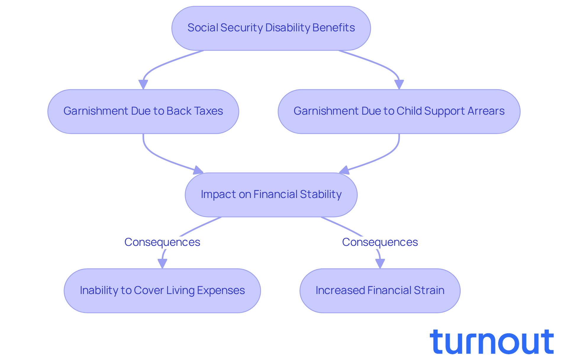 This flowchart shows how garnishment affects Social Security Disability benefits. Each path represents a different reason for garnishment and its resulting impact on the recipient's financial situation.