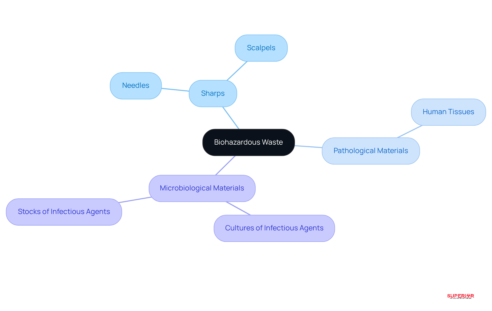 The central node represents biohazardous waste, while the branches show different types of hazardous materials. Each category highlights specific examples, helping you understand the various forms of biohazardous waste.
