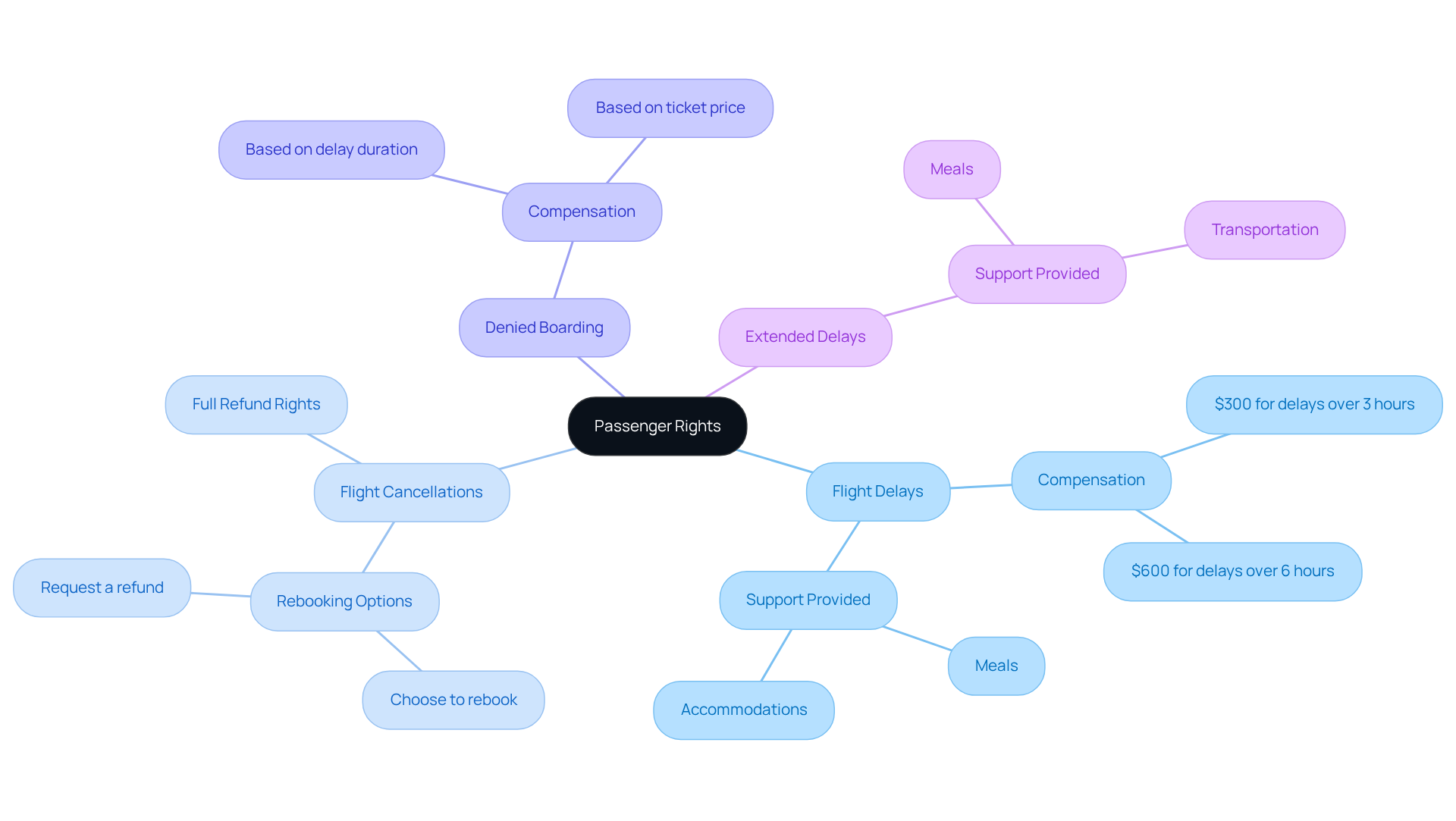 The center represents your rights as a passenger. Each branch shows a different travel scenario, and the sub-branches explain what you are entitled to in those situations. This helps you understand your rights and how to advocate for yourself when traveling. The center represents your rights as a passenger. Each branch shows a different travel scenario, and the sub-branches explain what you are entitled to in those situations. This helps you understand your rights and how to advocate for yourself when traveling.