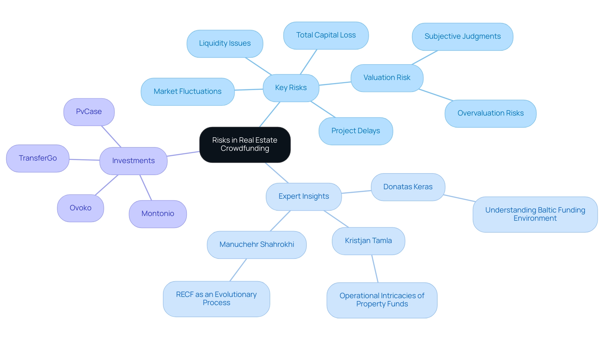 The central node represents the overall topic, with branches showing key risks, expert insights, and related investments. Each color represents a different category of information.