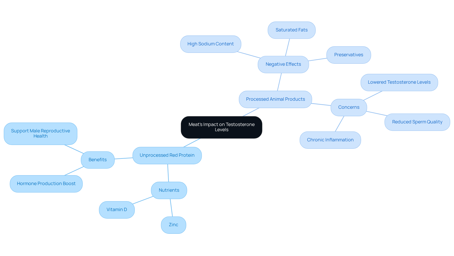 The central idea is about how different meats affect testosterone. Follow the branches to see the benefits of unprocessed meat and the risks of processed meat, along with the nutrients involved.