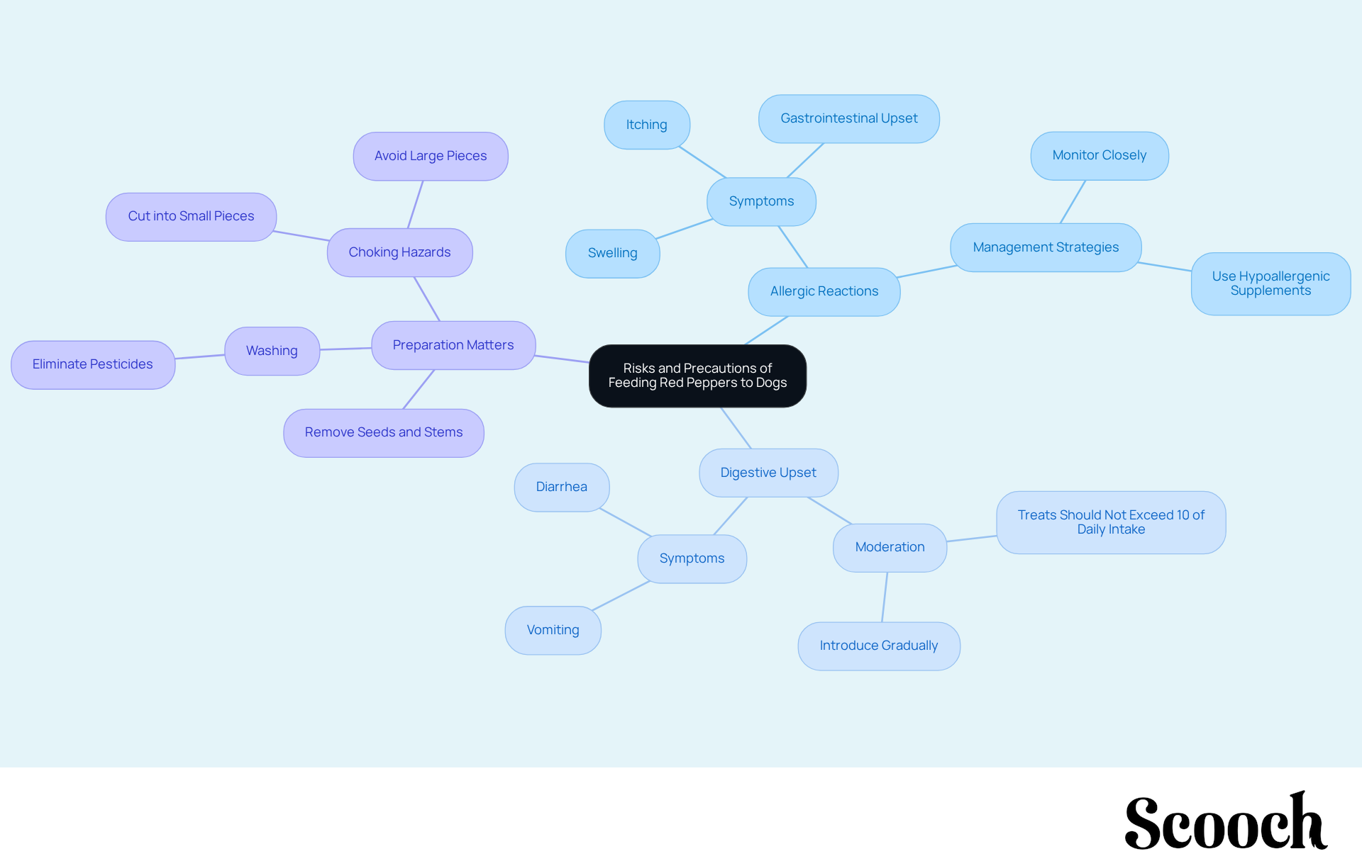 The center represents the main focus on risks of red peppers for dogs, with branches detailing specific concerns and their management strategies. Each color-coded section helps you quickly identify and understand the key areas of focus.