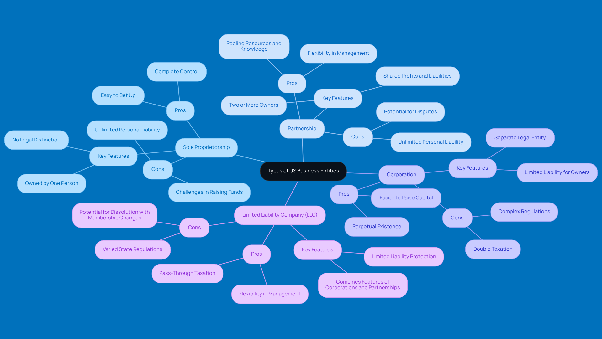 The central node represents the main topic, while each branch shows a different type of business entity. The sub-branches provide details about their functions and characteristics, helping you understand the pros and cons of each structure.