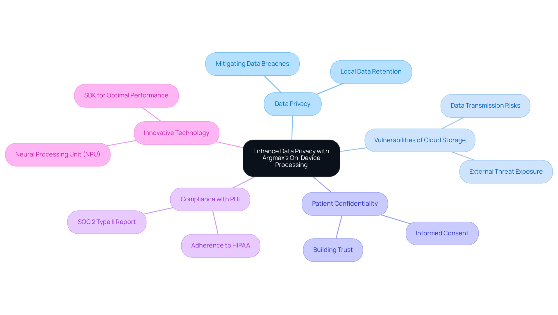 The central node represents the main theme of data privacy enhancement, while the branches illustrate the various aspects and benefits of Argmax's approach. Each color-coded branch helps you easily identify related topics.