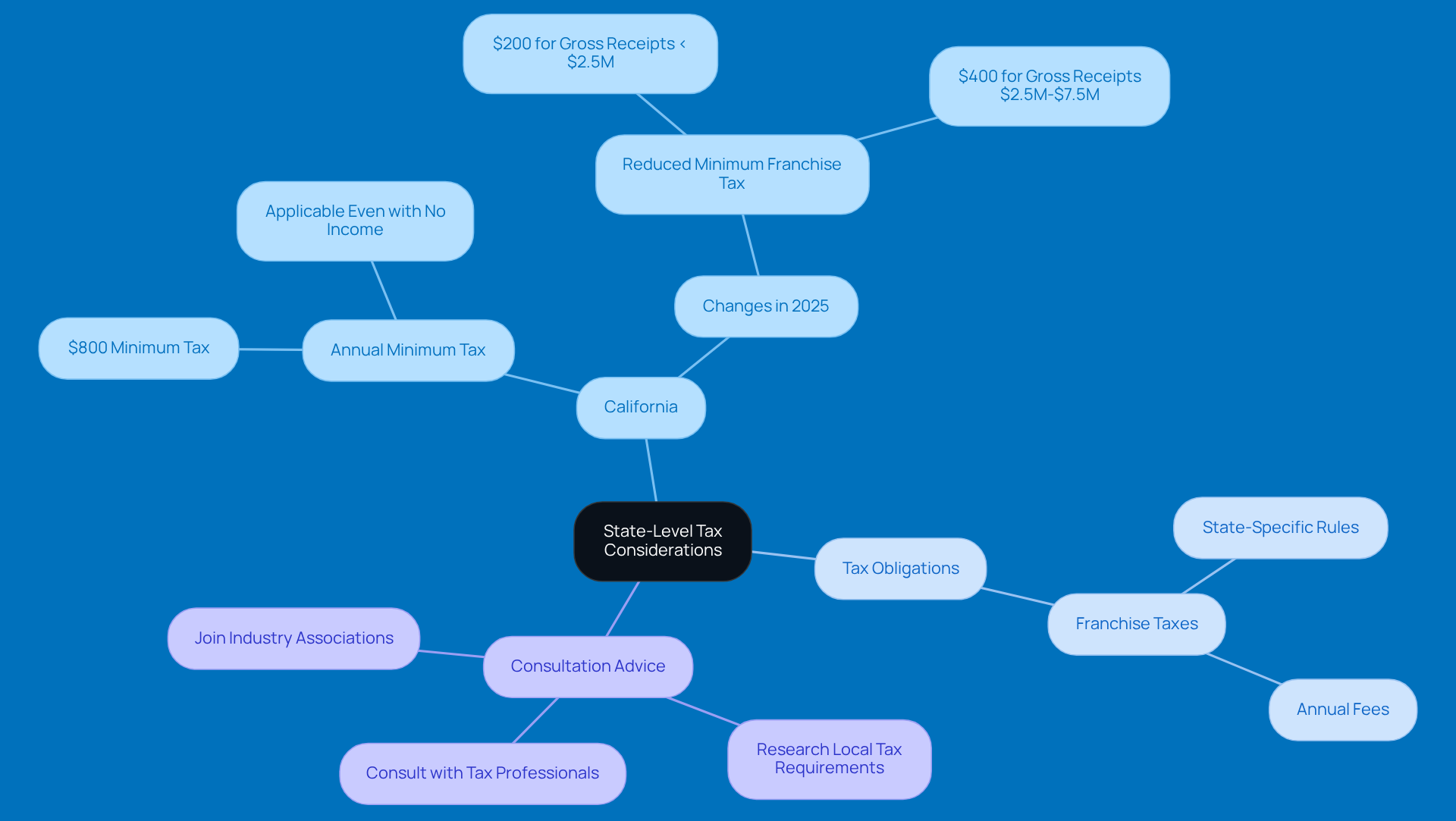 The central node represents the main topic of state-level tax considerations. Each branch shows specific states or advice, helping you understand the various tax obligations and resources available. The central node represents the main topic of state-level tax considerations. Each branch shows specific states or advice, helping you understand the various tax obligations and resources available.