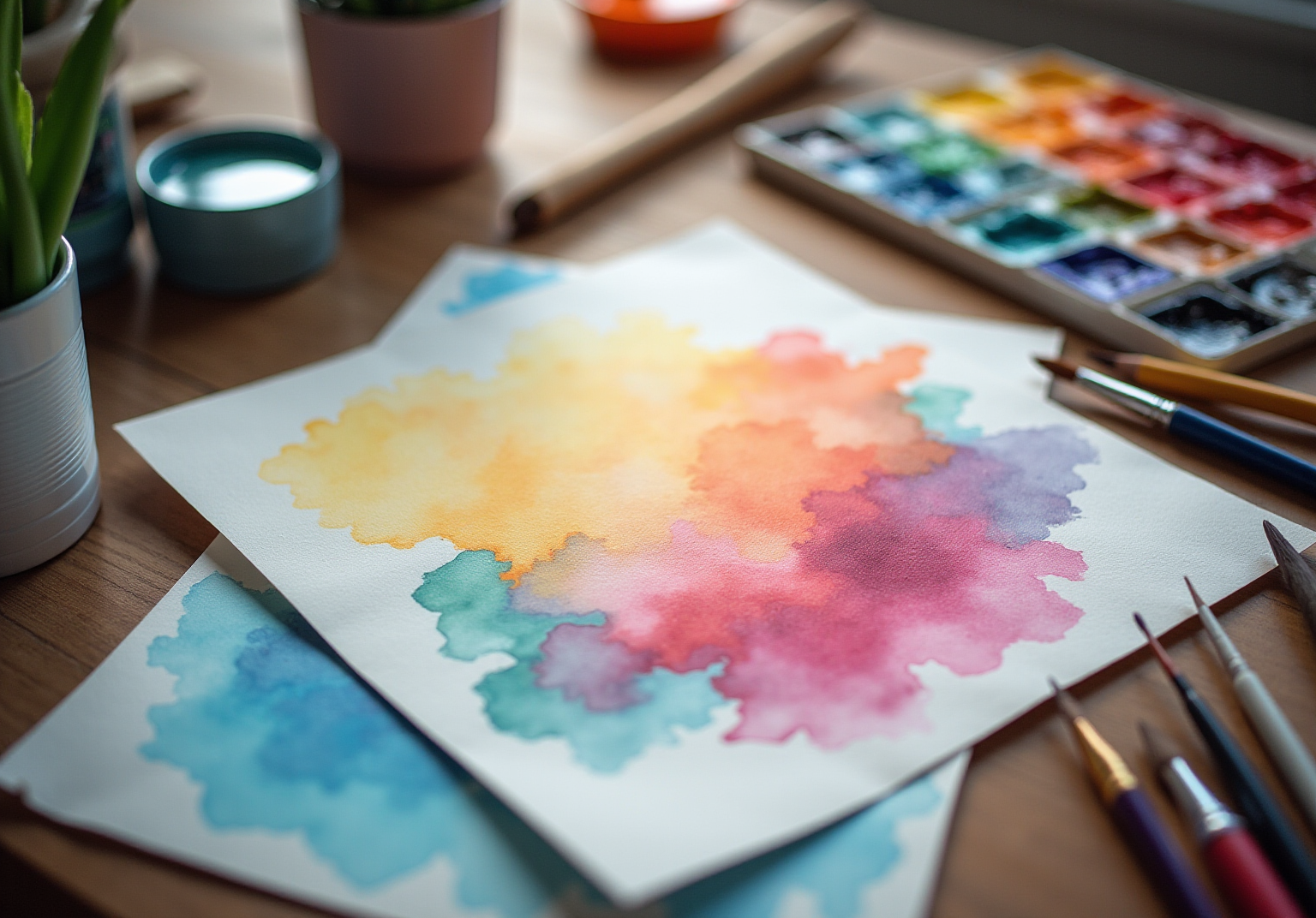 Artistic Workspace for Watercolor Painting