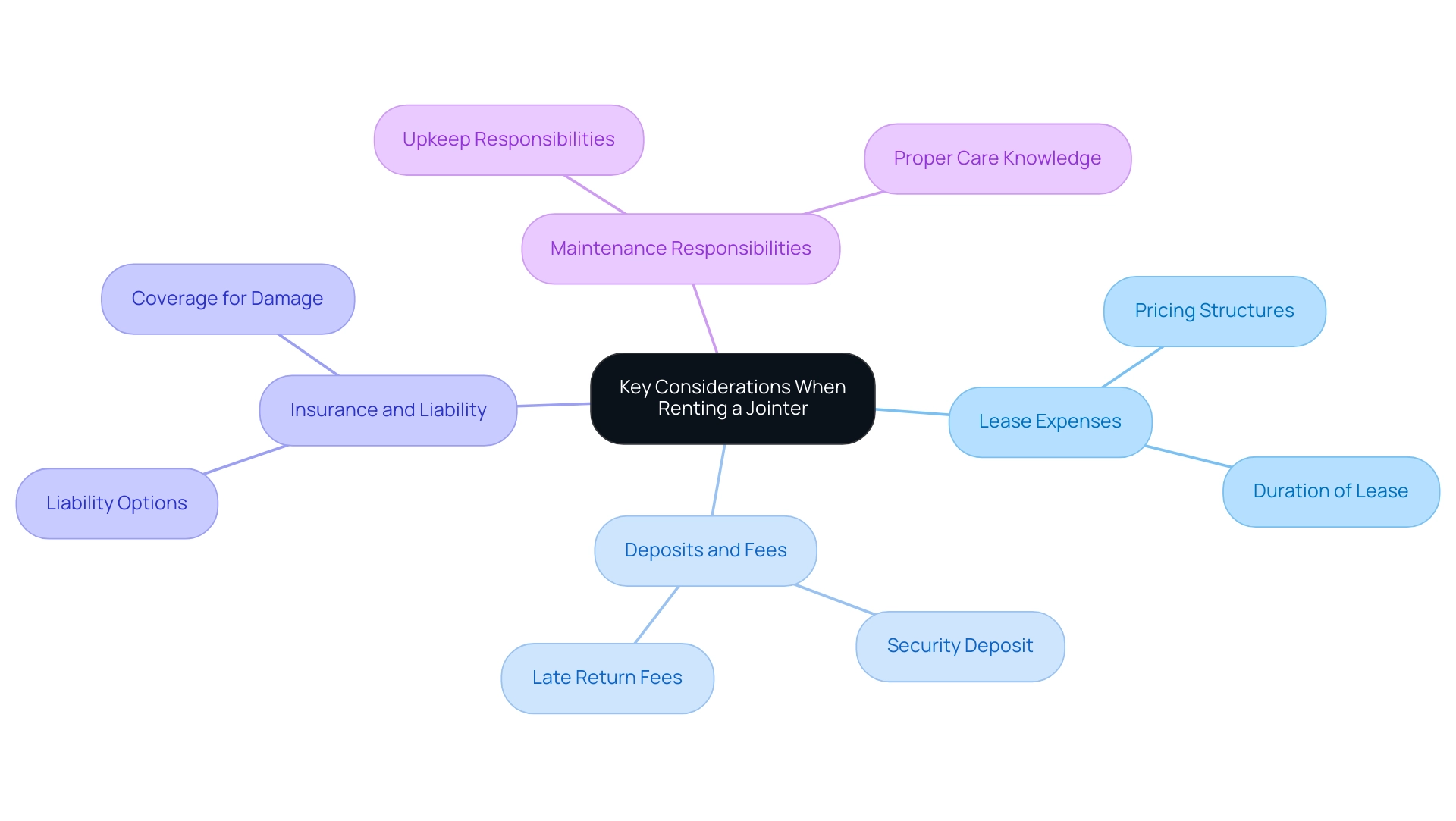 The central node represents the main topic, with branches indicating the four key considerations, each with sub-branches for specific details.