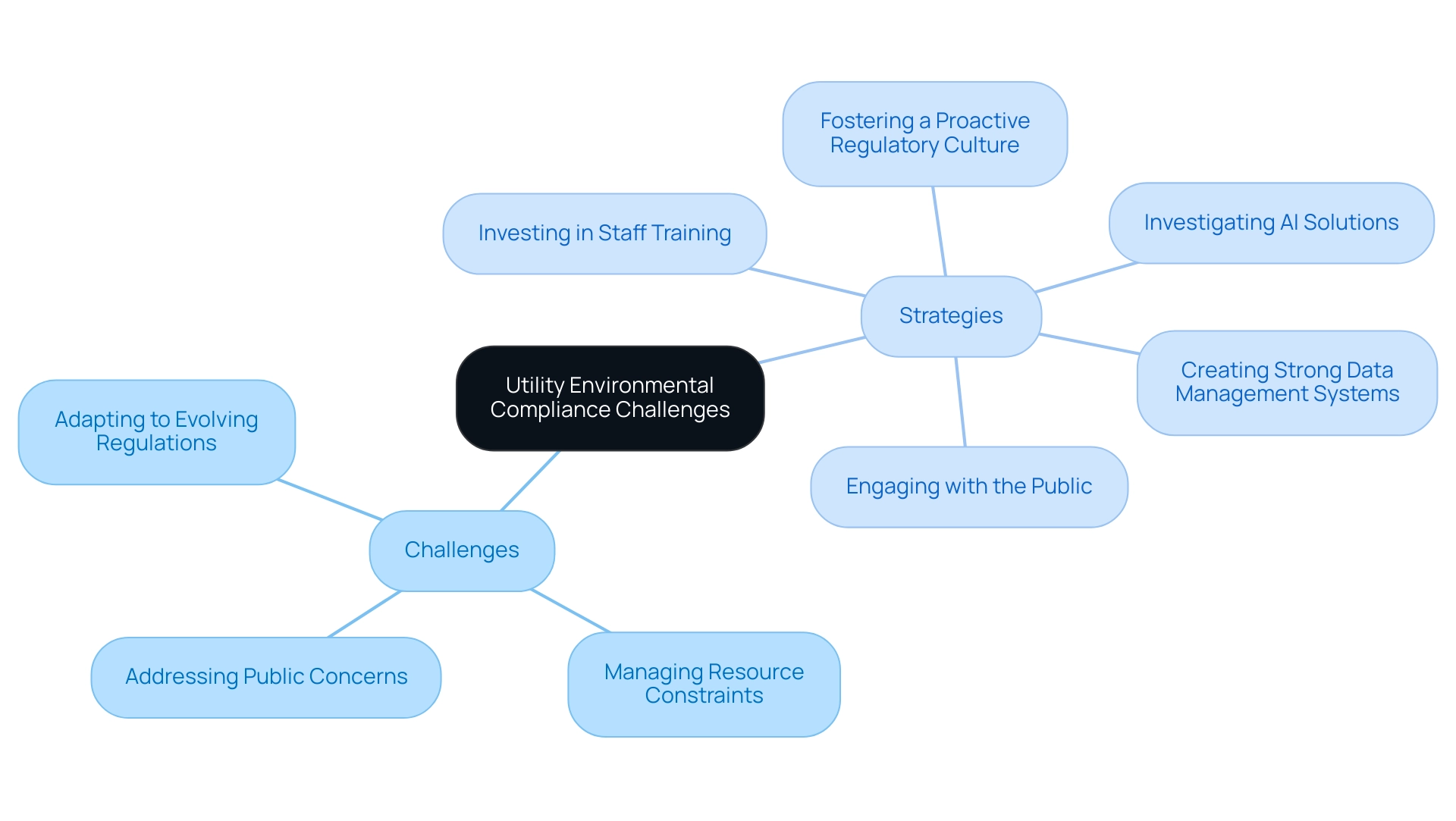 The central node represents the overarching theme of compliance challenges, with branches for challenges and strategies indicated by different colors.