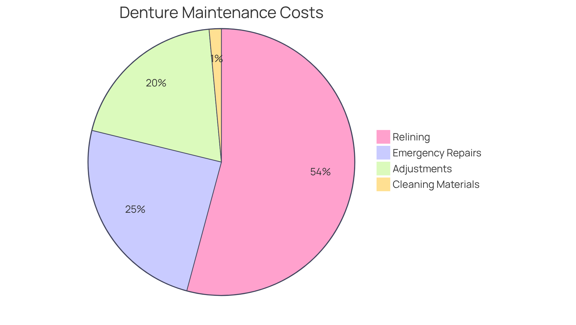 Each slice of the pie shows a different part of the overall cost of caring for dentures. Bigger slices indicate higher costs — this helps you see where your money goes for maintenance and repairs.