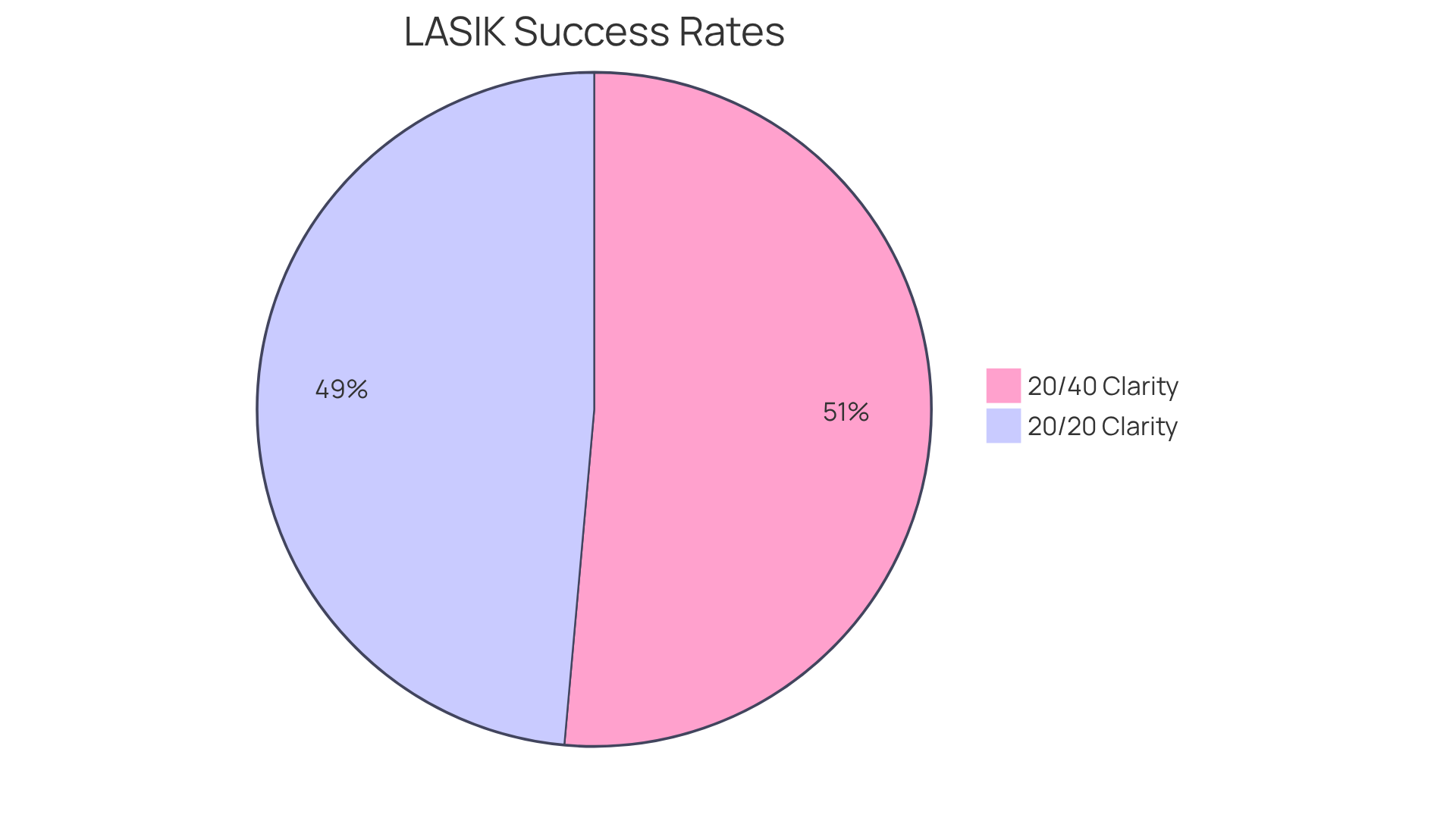This pie chart shows the success rates of LASIK surgery. The blue slice represents all patients who achieved 20/40 clarity without glasses, while the green slice shows those who reached 20/20 clarity. The larger the slice, the more patients experienced that level of clarity! This pie chart shows the success rates of LASIK surgery. The blue slice represents all patients who achieved 20/40 clarity without glasses, while the green slice shows those who reached 20/20 clarity. The larger the slice, the more patients experienced that level of clarity!