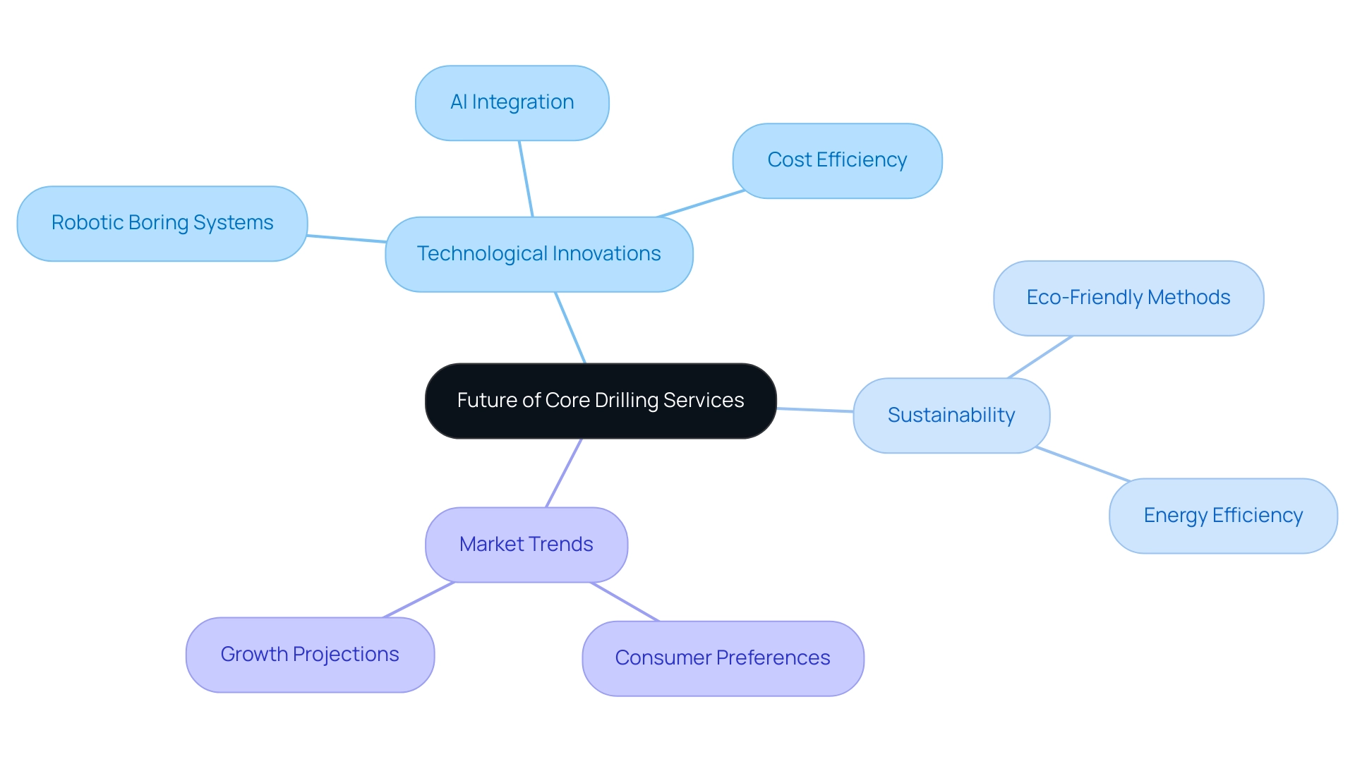 The central node represents the overall future of core drilling services, with branches illustrating key themes and their relevant subcategories.